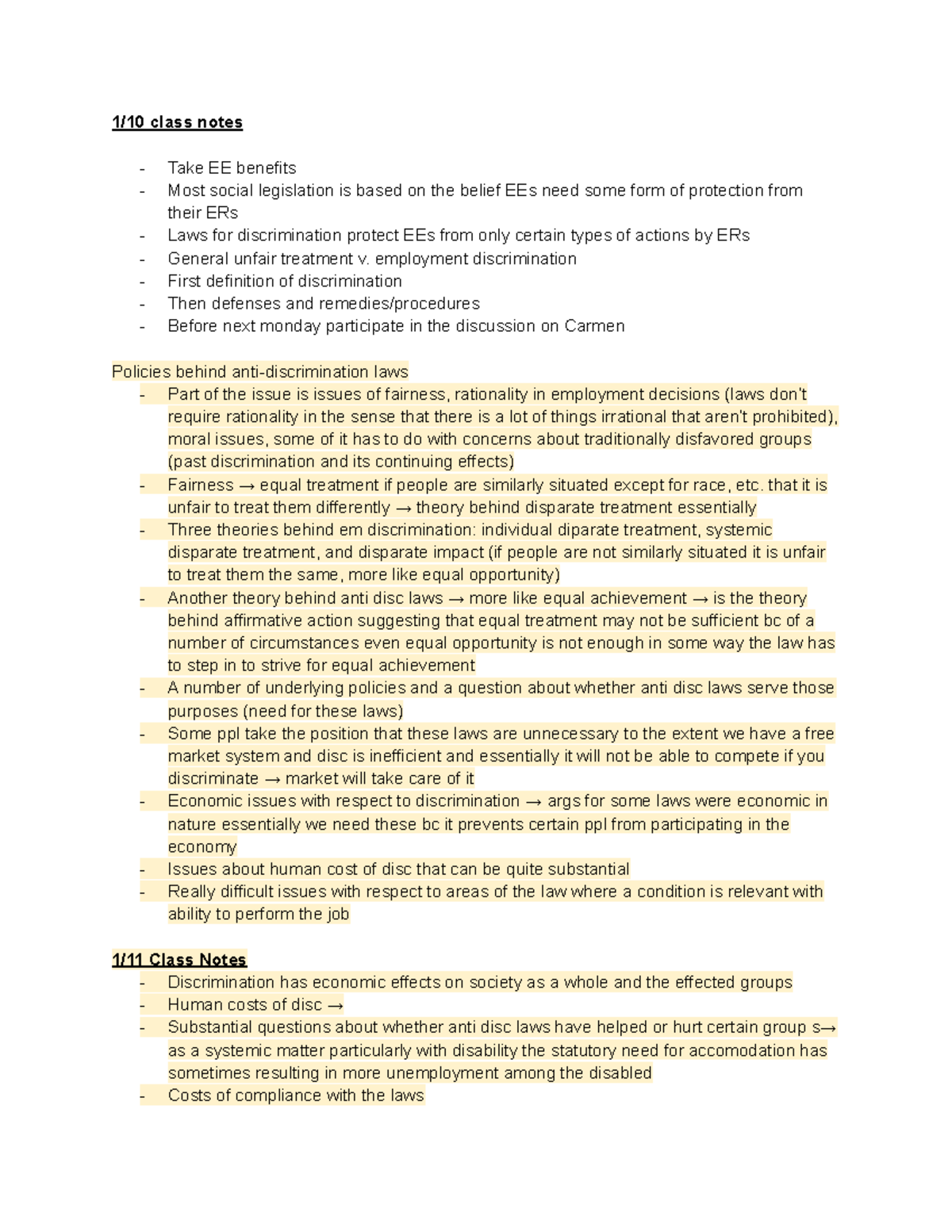 Employment discrimination class notes - 1/10 class notes Take EE ...