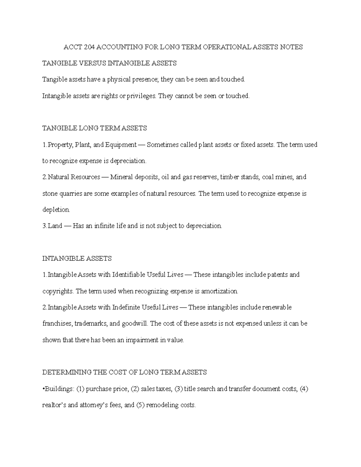 ACCT 204 Accounting FOR LONG TERM Operational Assets Notes - ACCT 204 ...