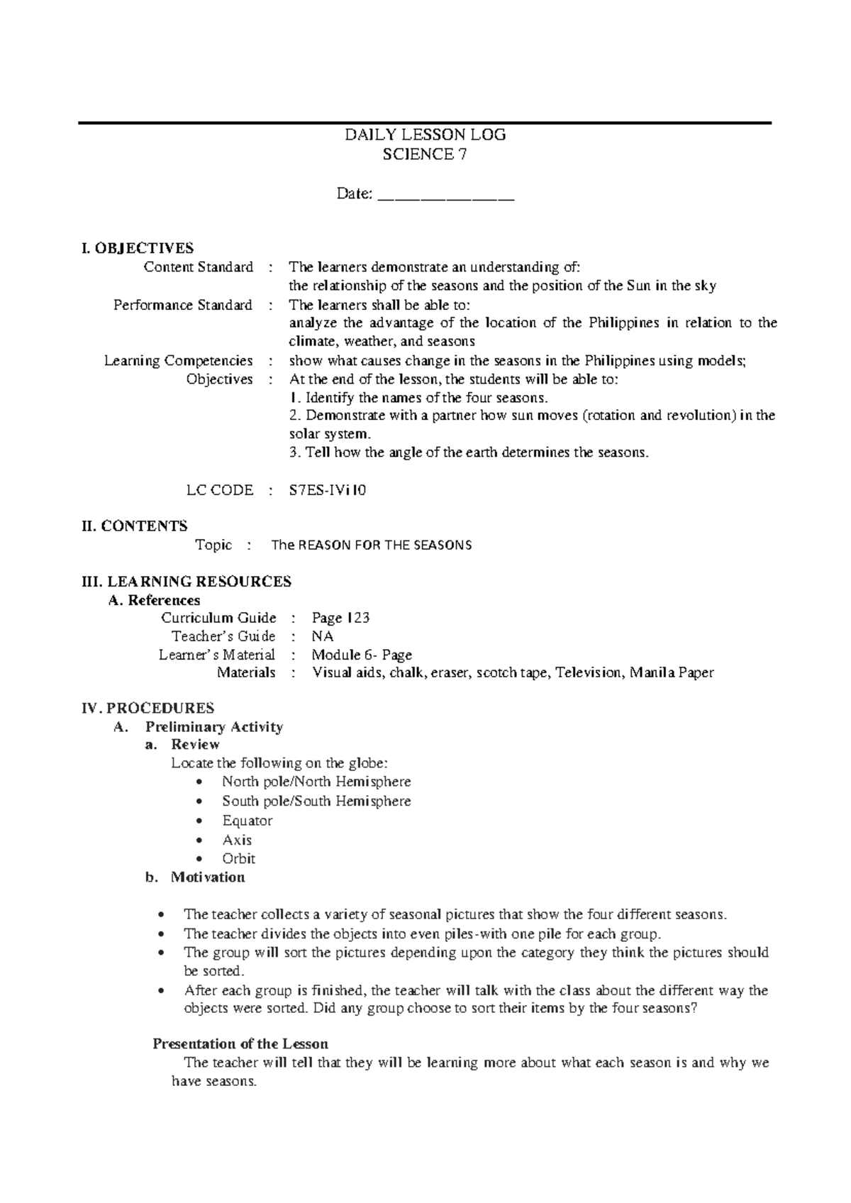 Reason FOR THE Season DLP Science 7 - DAILY LESSON LOG SCIENCE 7 Date ...