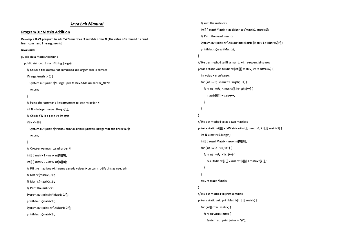 Java Lab Manual - ghjkl - Java Lab Manual Program 01: Matrix Addition Develop a JAVA program to ...