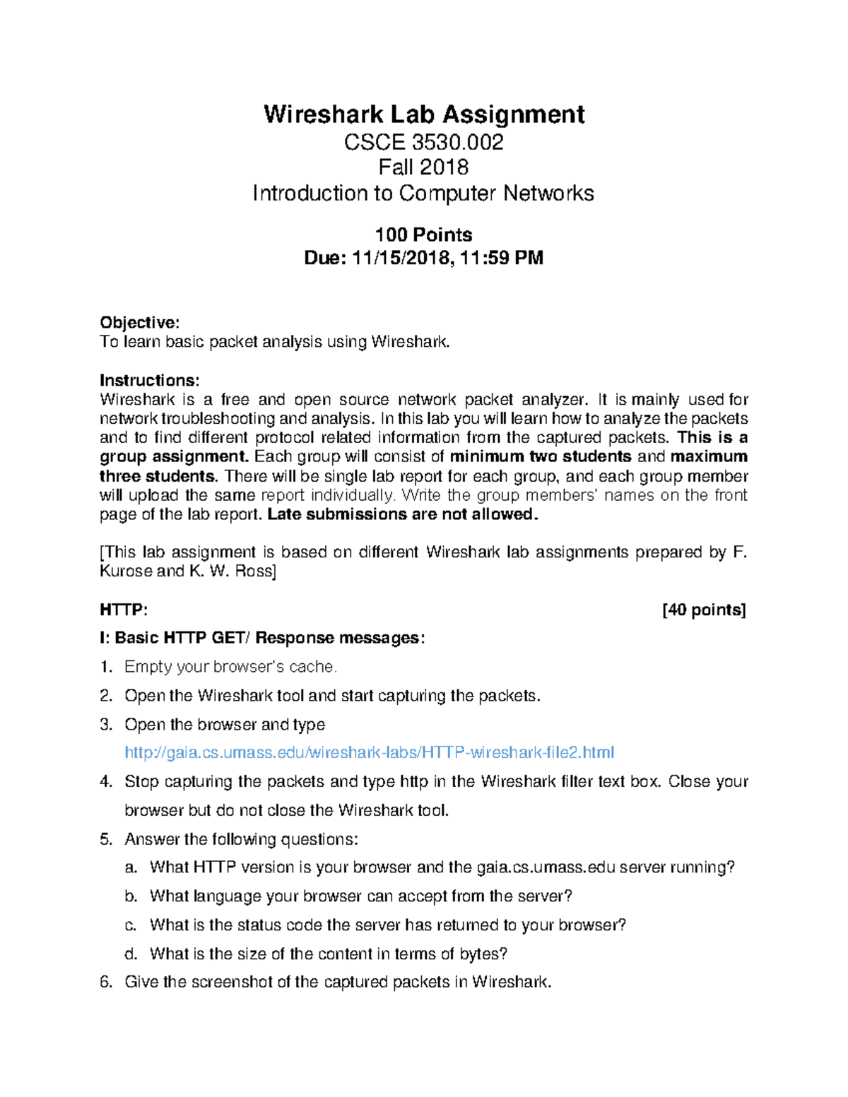Wireshark Lab Assignment Wireshark Lab Assignment Csce 3530 Fall 2018 Introduction To Computer