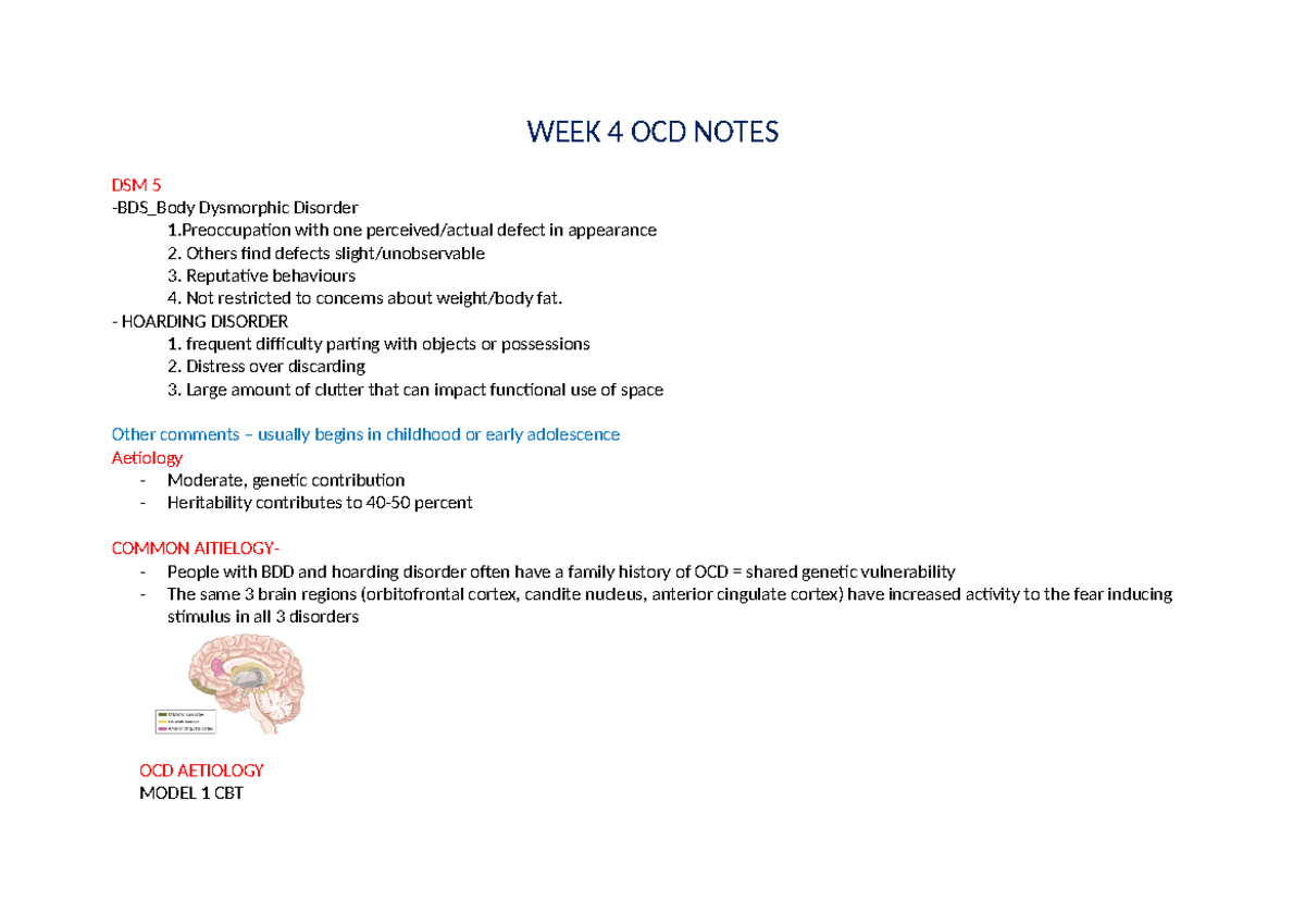 PSY3032 notes 2 - 687,9l;0 - WEEK 4 OCD NOTES DSM 5 -BDS_Body ...