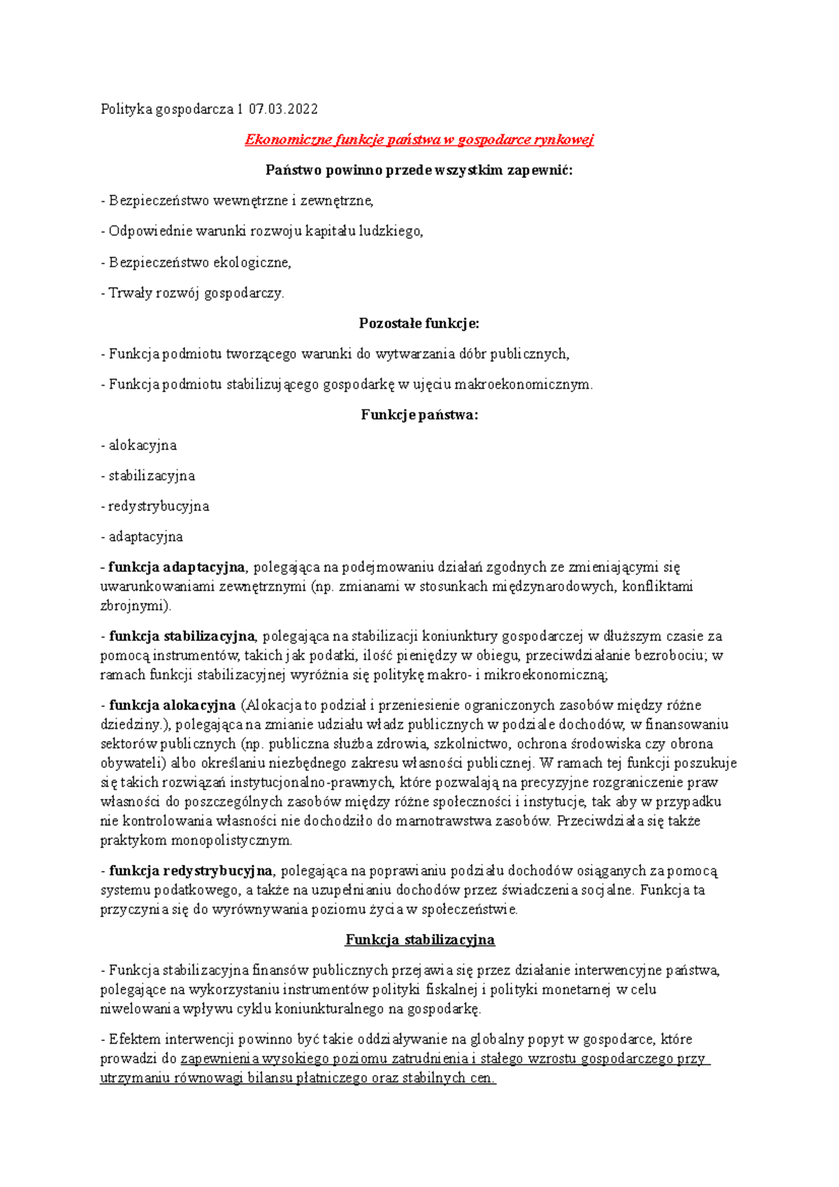 Polityka gospodarcza wyklad nr 1 - Polityka gospodarcza 1 07. Ekonomiczne funkcje państwa w ...