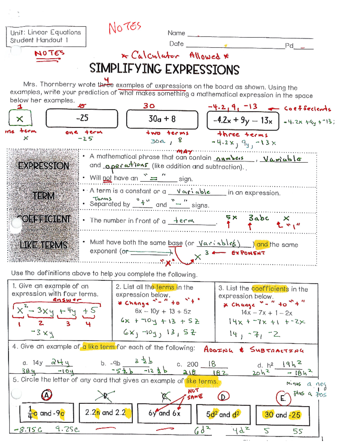 Linear Equations Notes Filled In 23 -24 - Studocu