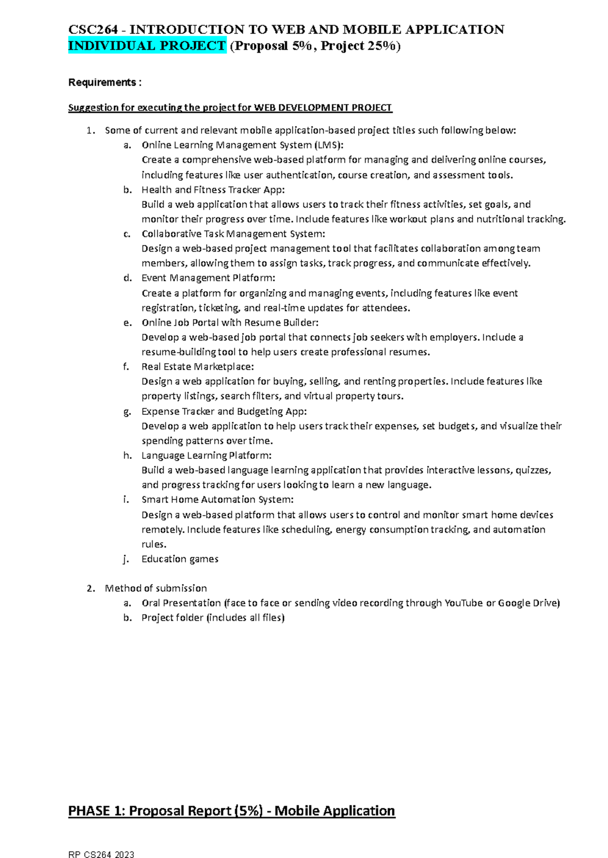 Assignment - CSC264 - INTRODUCTION TO WEB AND MOBILE APPLICATION INDIVIDUAL PROJECT (Proposal 5% ...