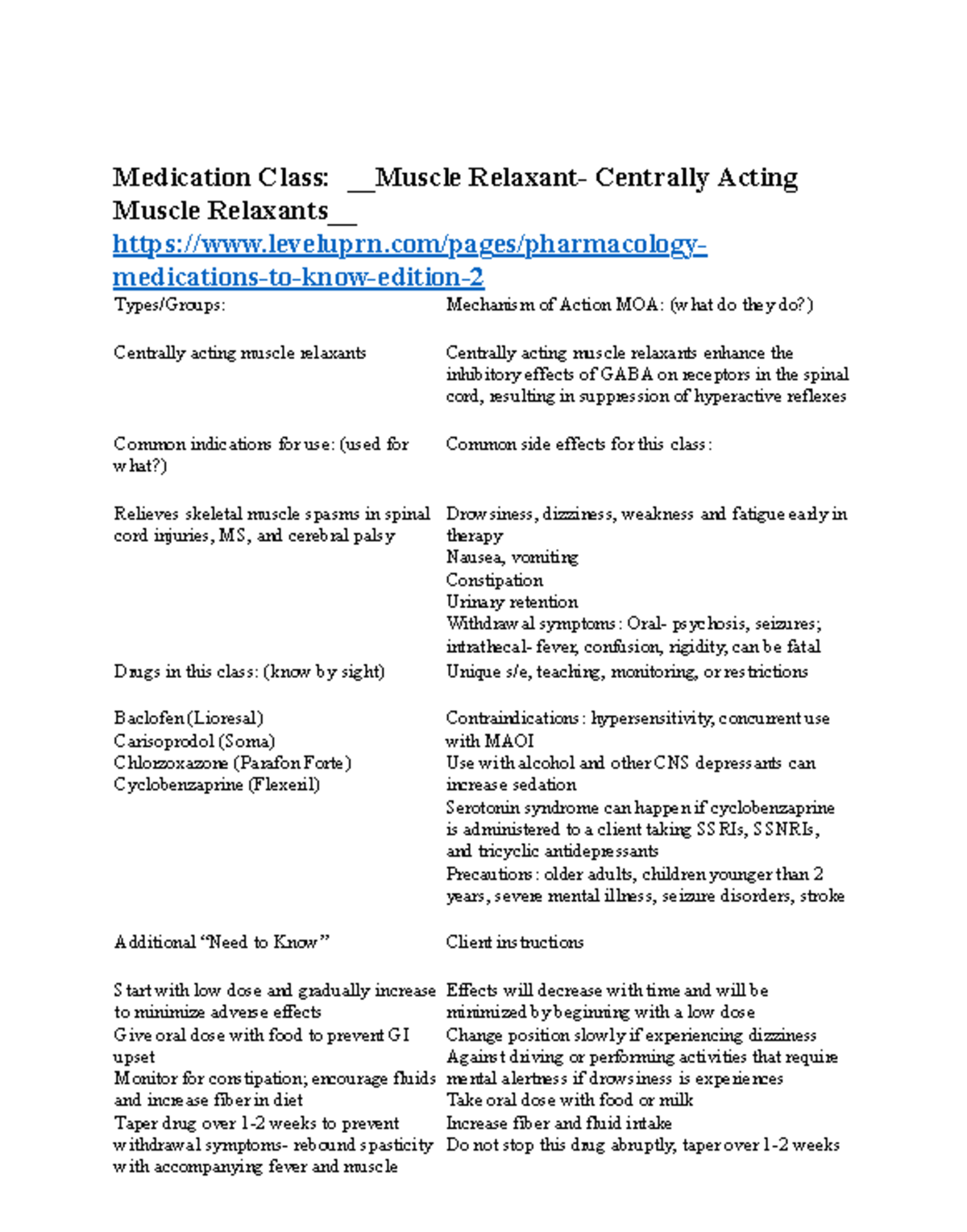 Pharm Exam 1 Drug Class Worksheet - Medication Class: __Muscle Relaxant ...