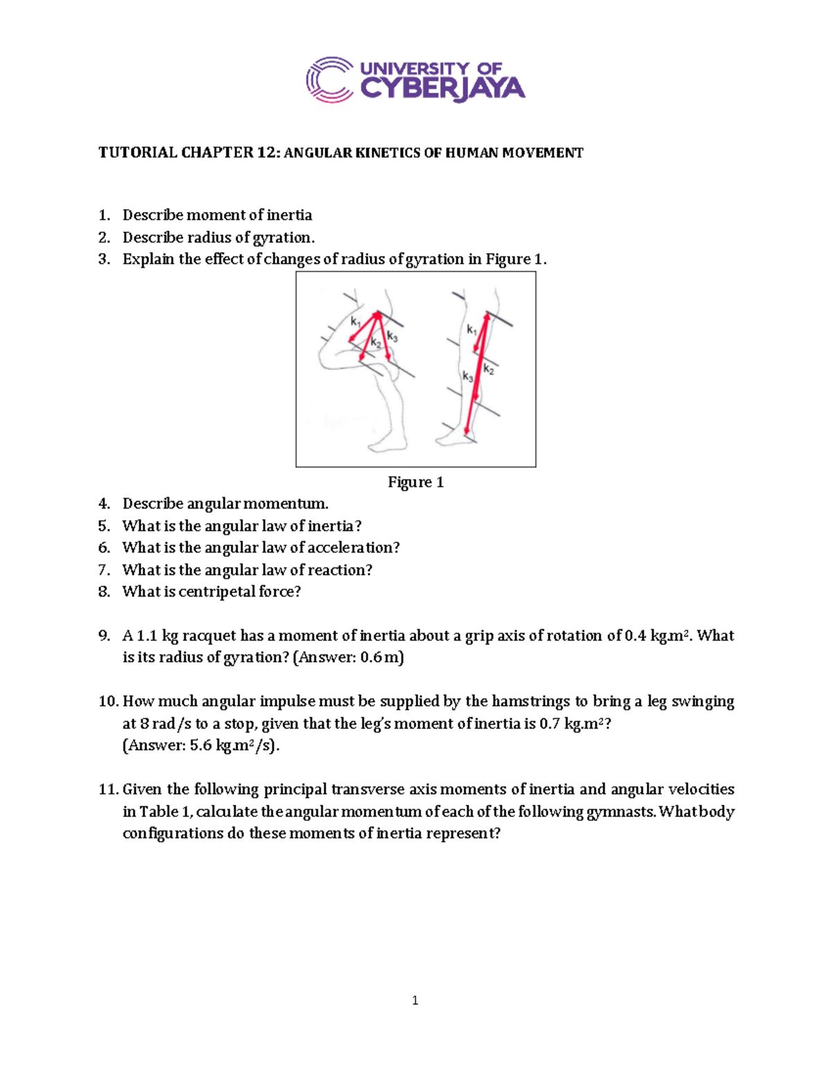 Tutorial Chapter 12 - Angular Kinetics OF Human Movement - 1 TUTORIAL ...
