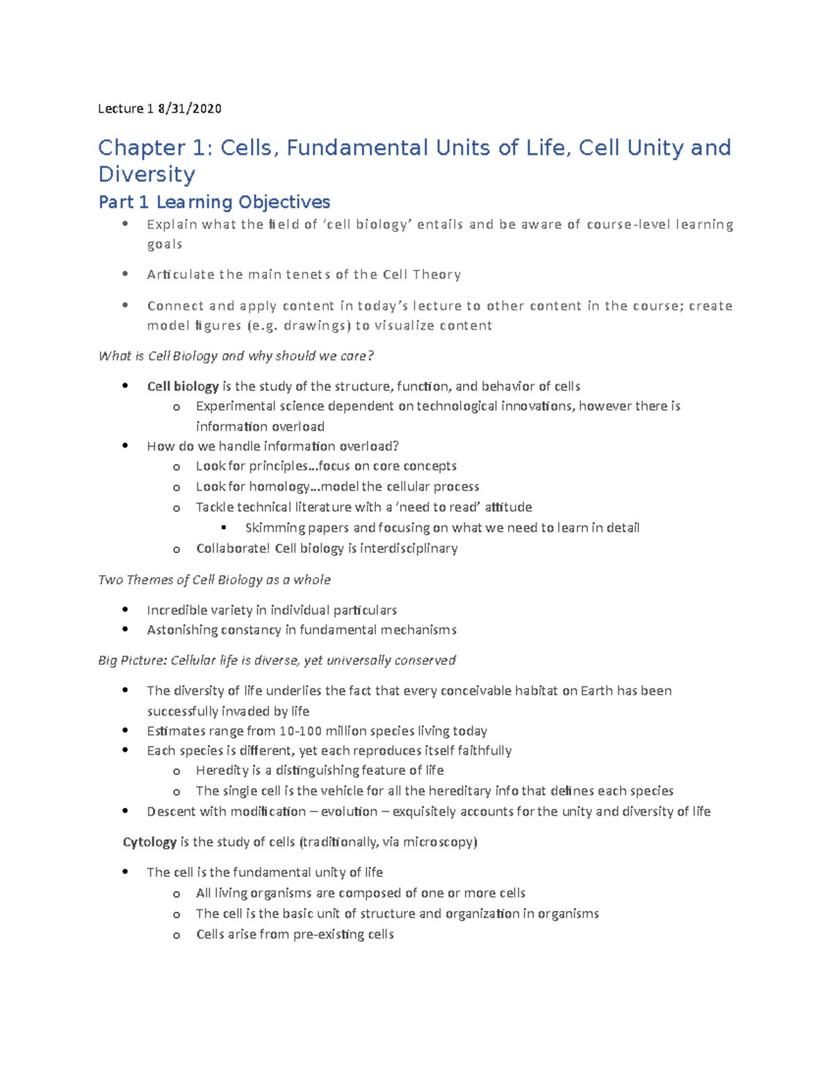 Lecture 1 Chapter 1: Cells Fundamental Units of Life - Studocu