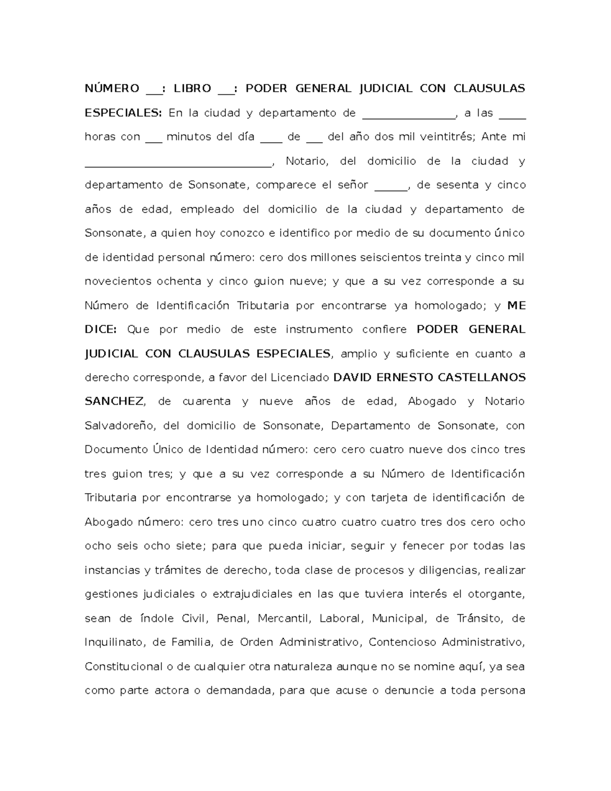 Modelo Poder General Judicial CON Clausulas Especiales - NÚMERO ...