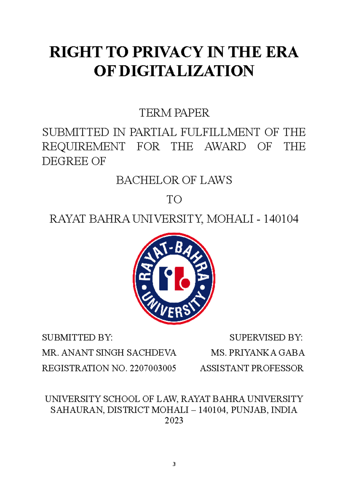 Term paper - RIGHT TO PRIVACY IN THE ERA OF DIGITALIZATION TERM PAPER ...