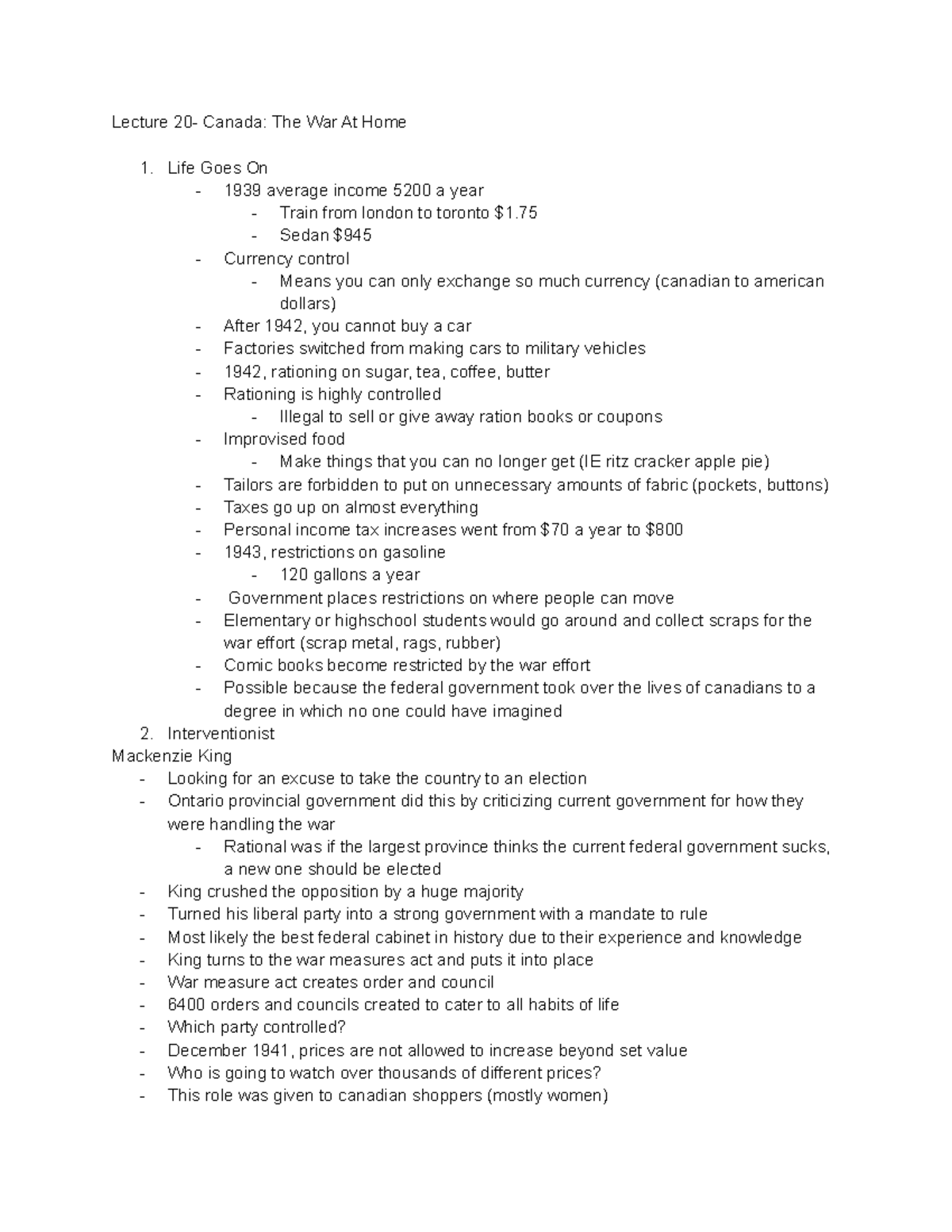 History 1810 - Semester 2 - Lecture 20 Notes - 2020 - Lecture 20 ...