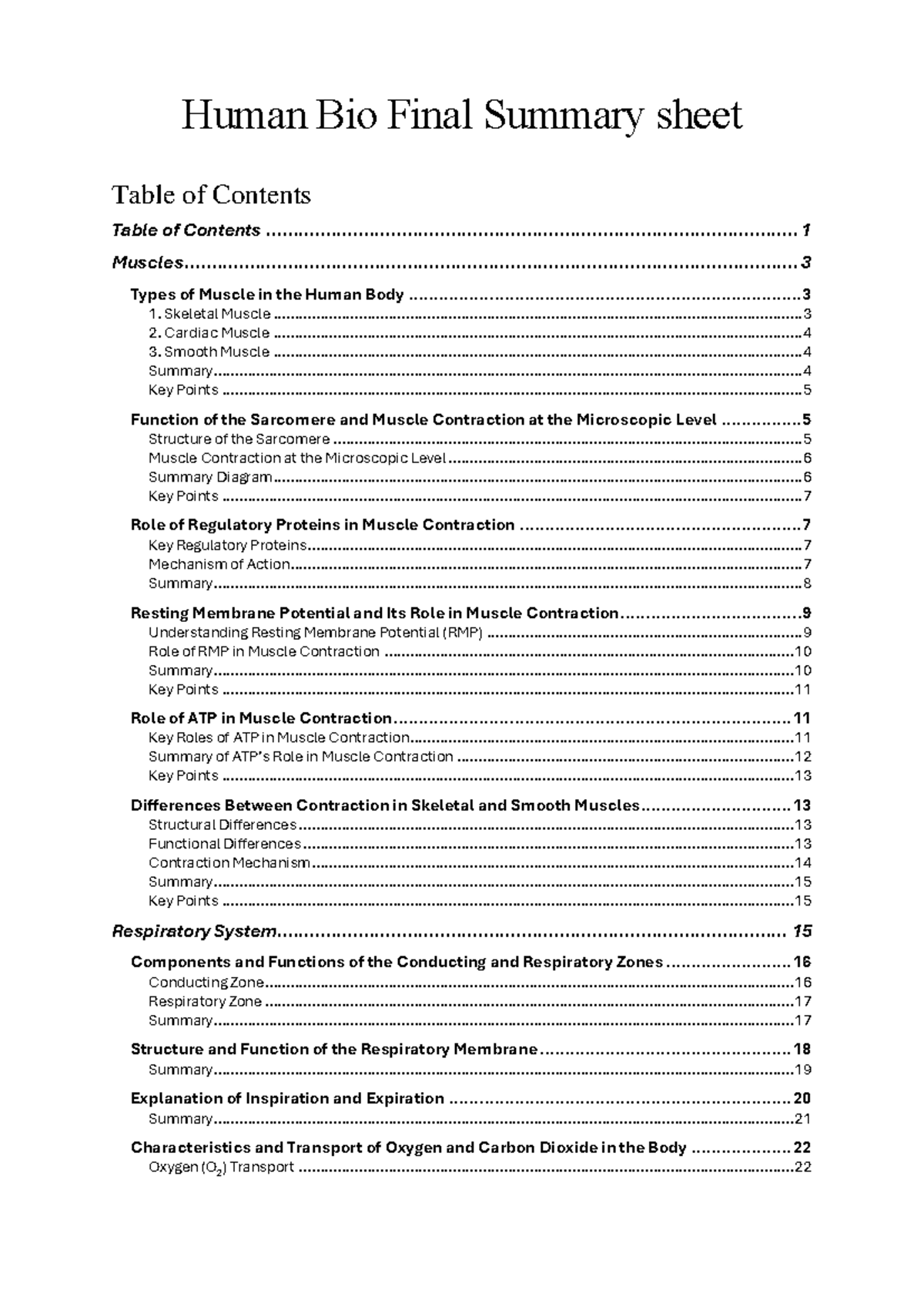 Human bio final sheet - Human Bio Final Summary sheet Table of Contents ...