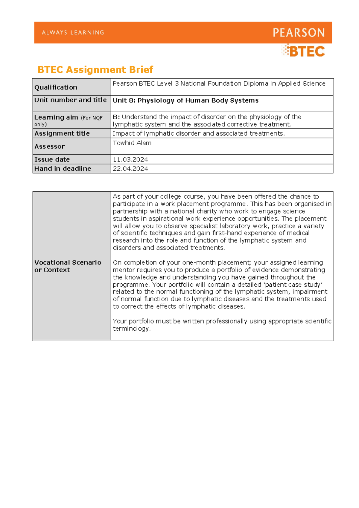 Assignment Brief Learning Aim B Physiology of Human Body Systems - BTEC ...