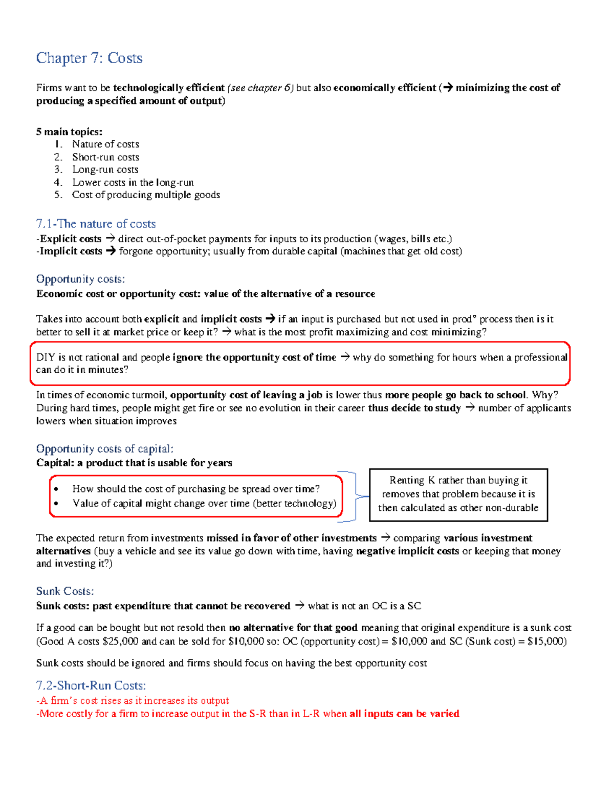 Chapter 7-Costs - LECTURE NOTES SEMESTER 1 - Chapter 7: Costs Firms ...