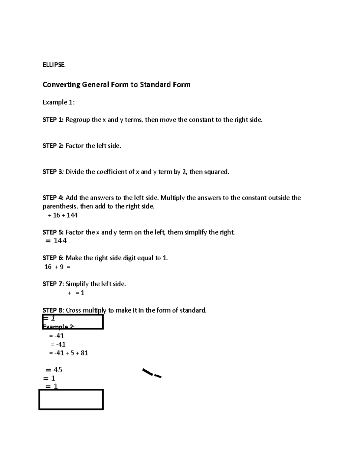 Ellipse - notes - ELLIPSE Converting General Form to Standard Form ...