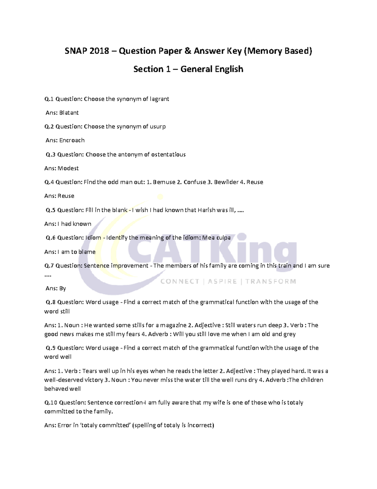 SNAP-2018 - SNAP 2018 – Question Paper & Answer Key (Memory Based ...