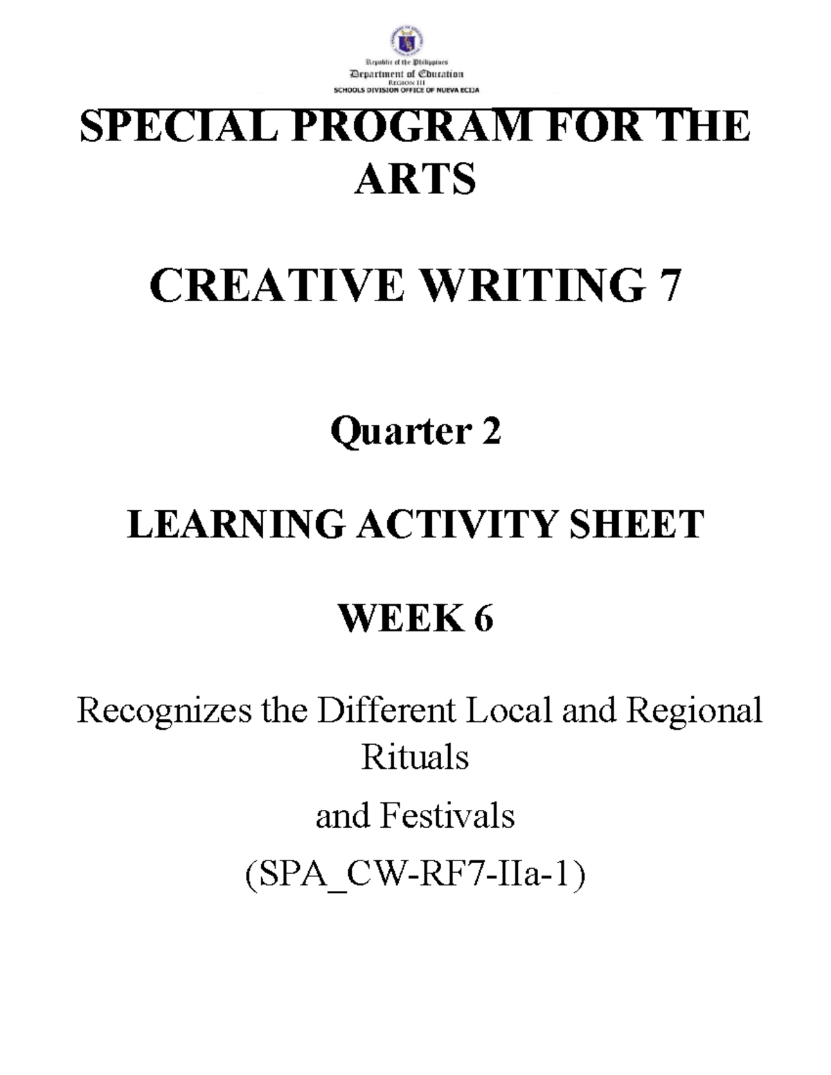 Scribfree.com creative-writing 8-q2wk6 - SPECIAL PROGRAM FOR THE ARTS CREATIVE WRITING 7 Quarter ...