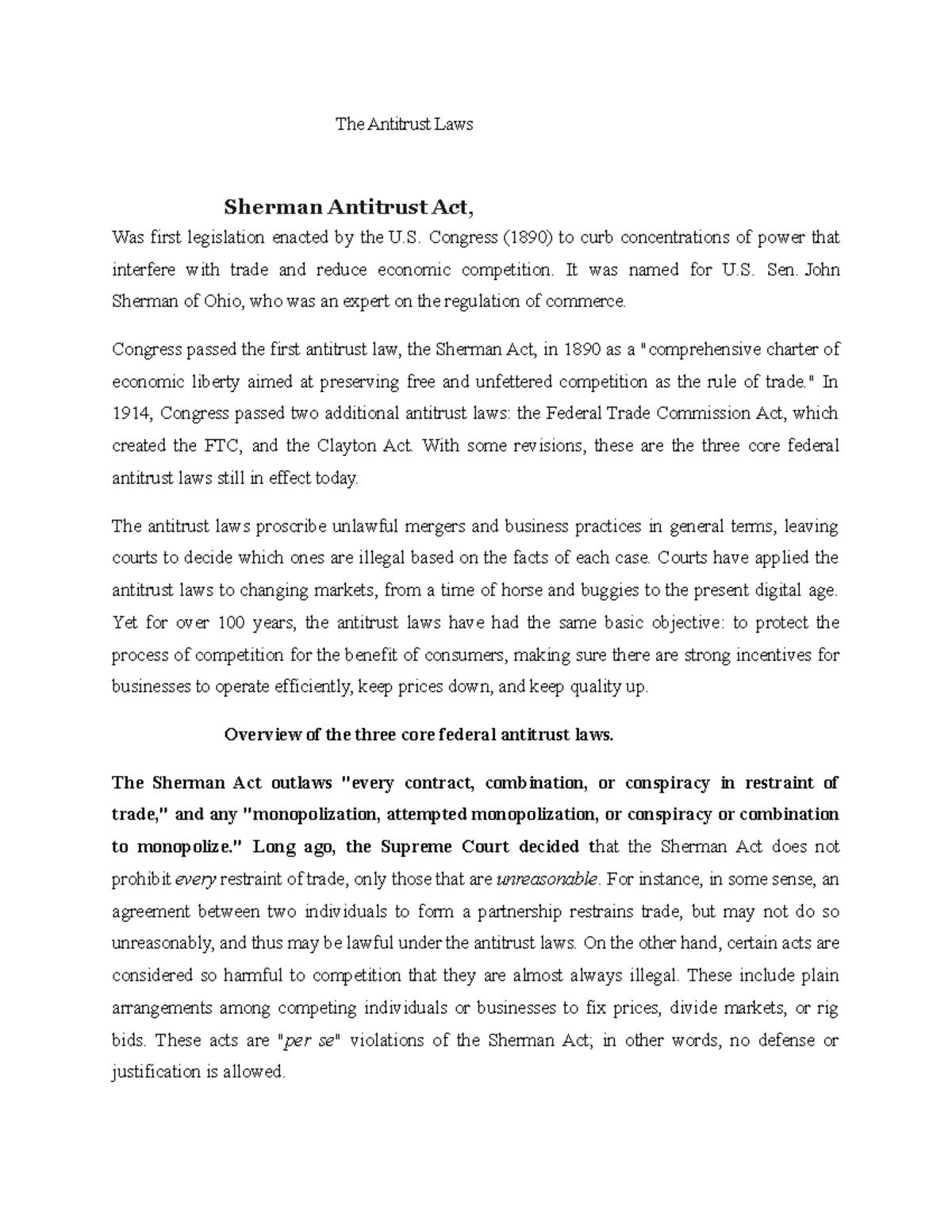 Betting Control notes - The Antitrust Laws Sherman Antitrust Act, Was ...