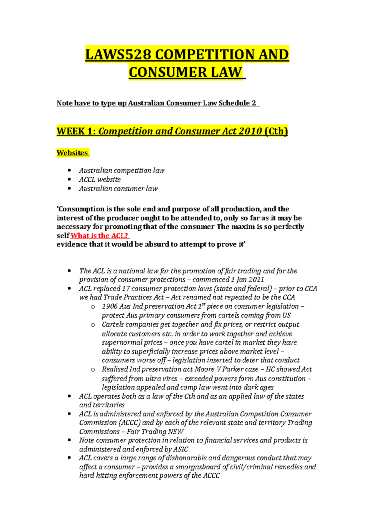 LAWS528 CC LAW notes - LAWS528 COMPETITION AND CONSUMER LAW Note have ...