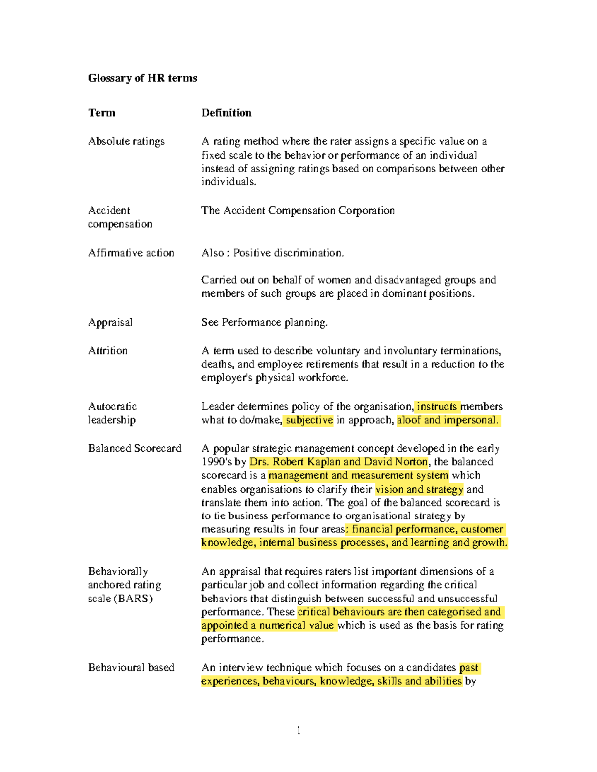 Glossary of hr terms - Lecture notes 2-3 - Competency Based Hrm And ...
