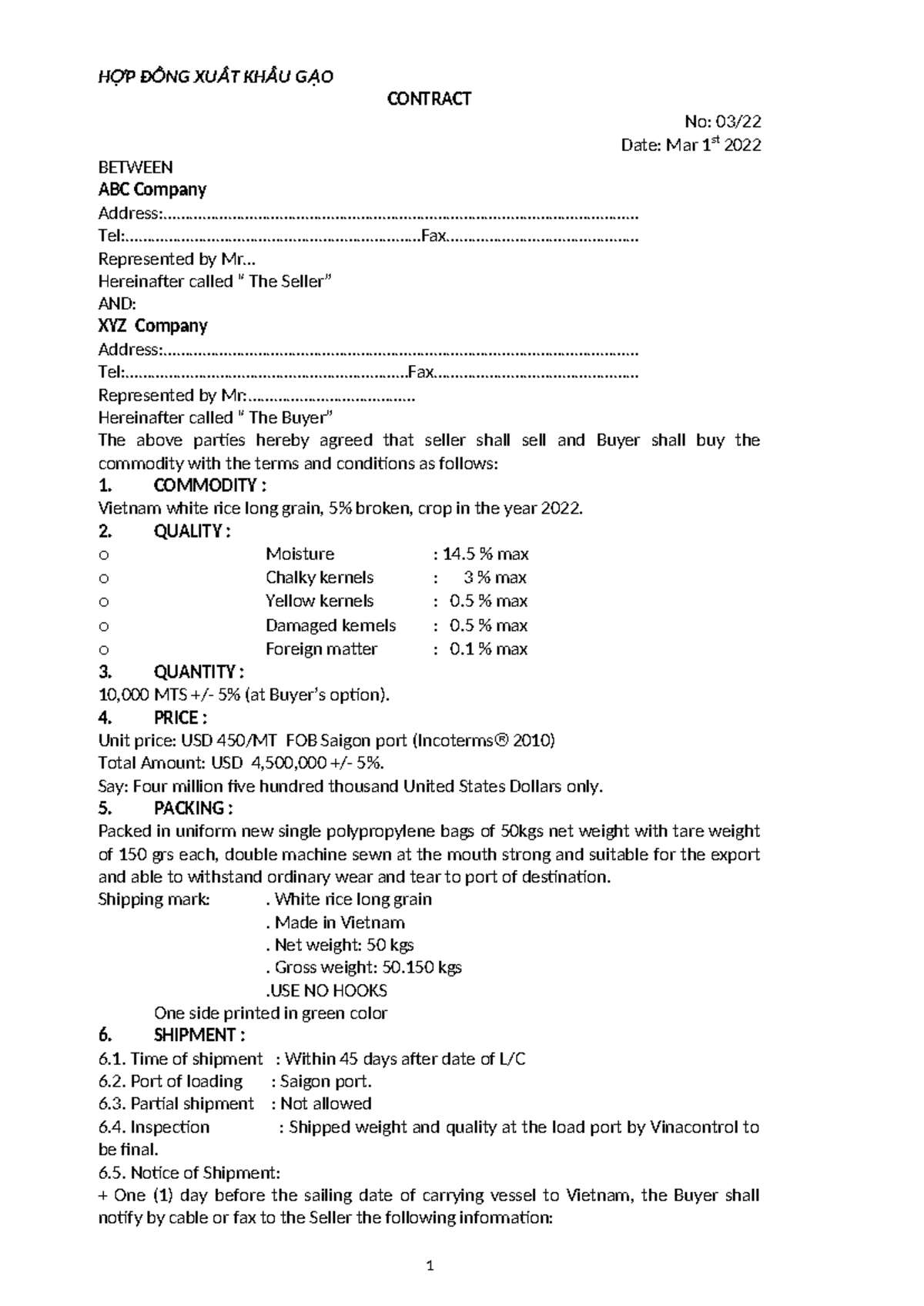 Contracts-tc - HỢP ĐỒNG XUẤT KHẨU GẠO CONTRACT No: 03/ Date: Mar 1st ...