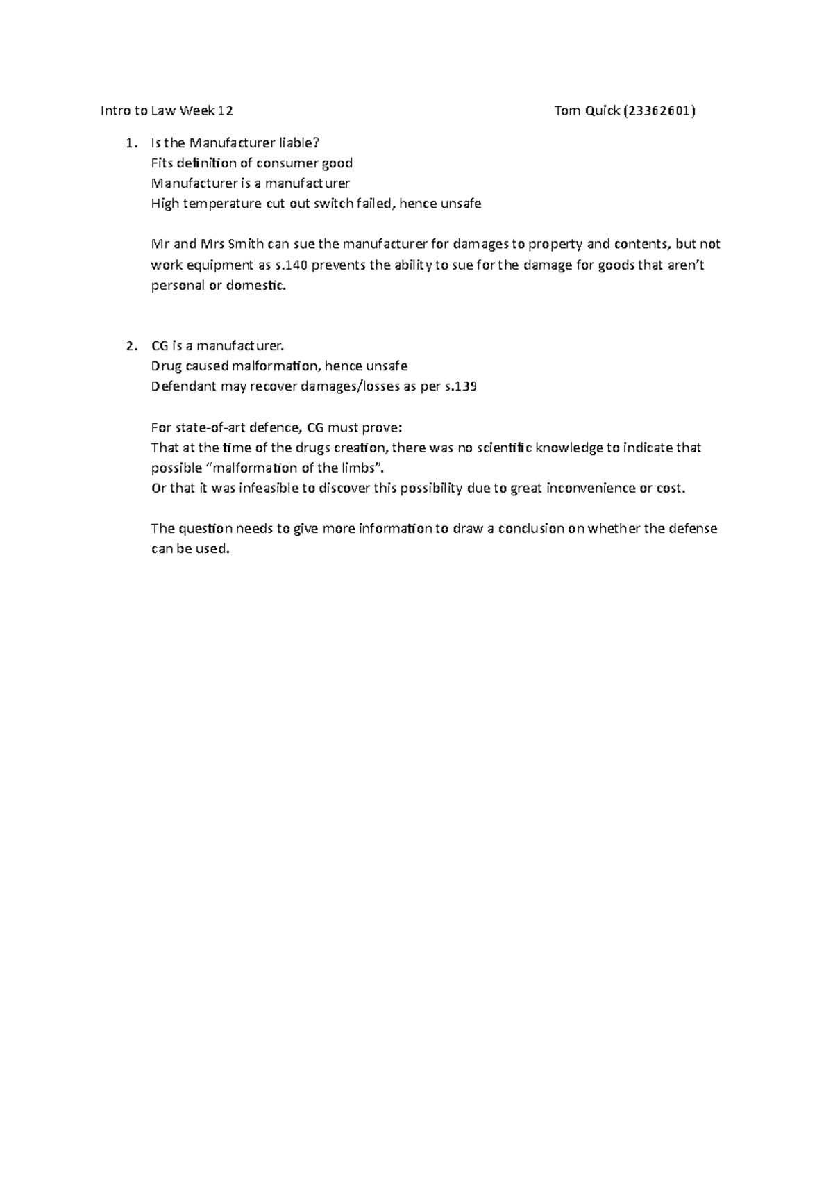Intro to Law Week 12 - Tute Answers - Intro to Law Week 12 Tom Quick ...