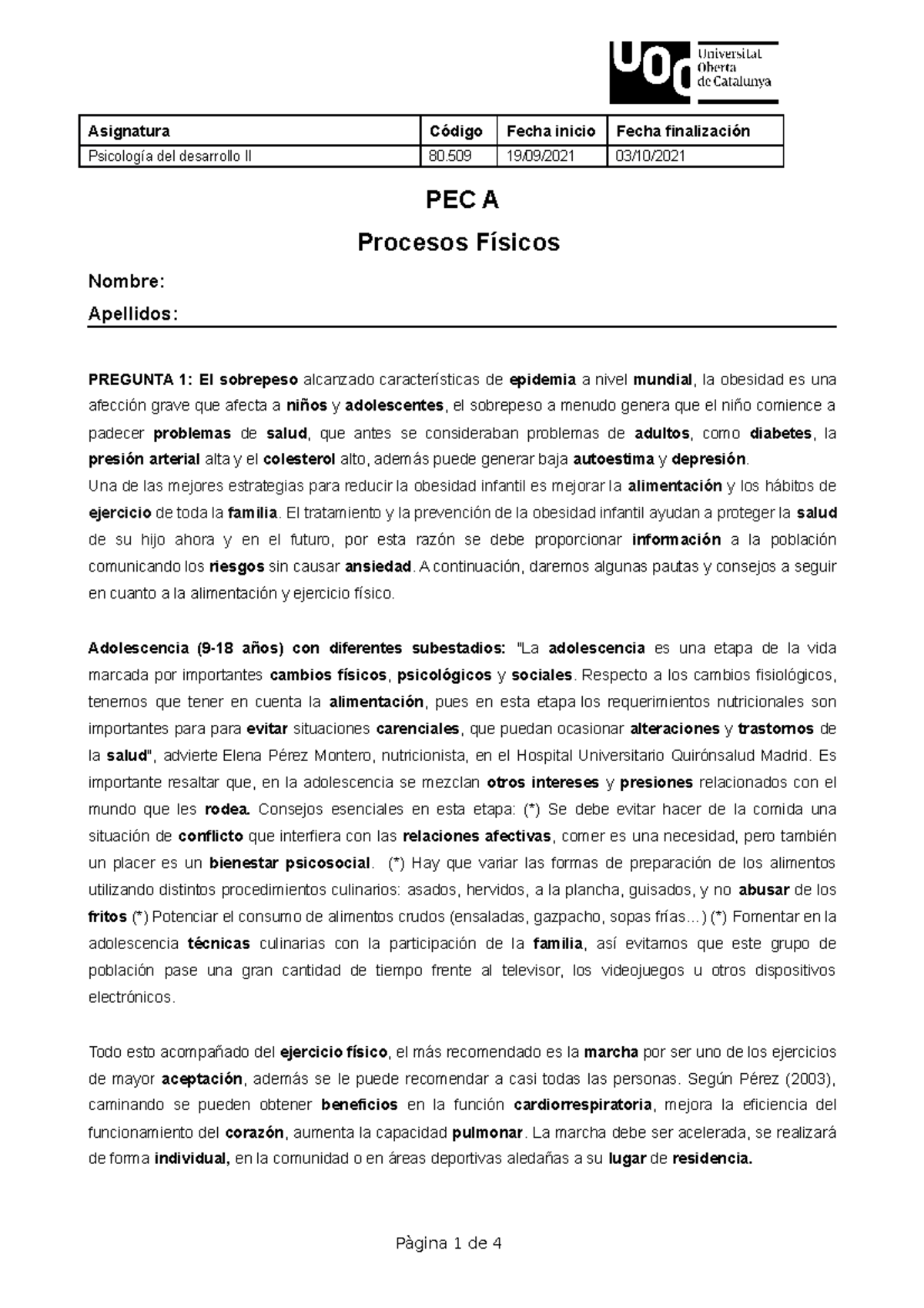 Pec 1 Cambios físico Psicologia del Desarrollo II - UOC - Studocu