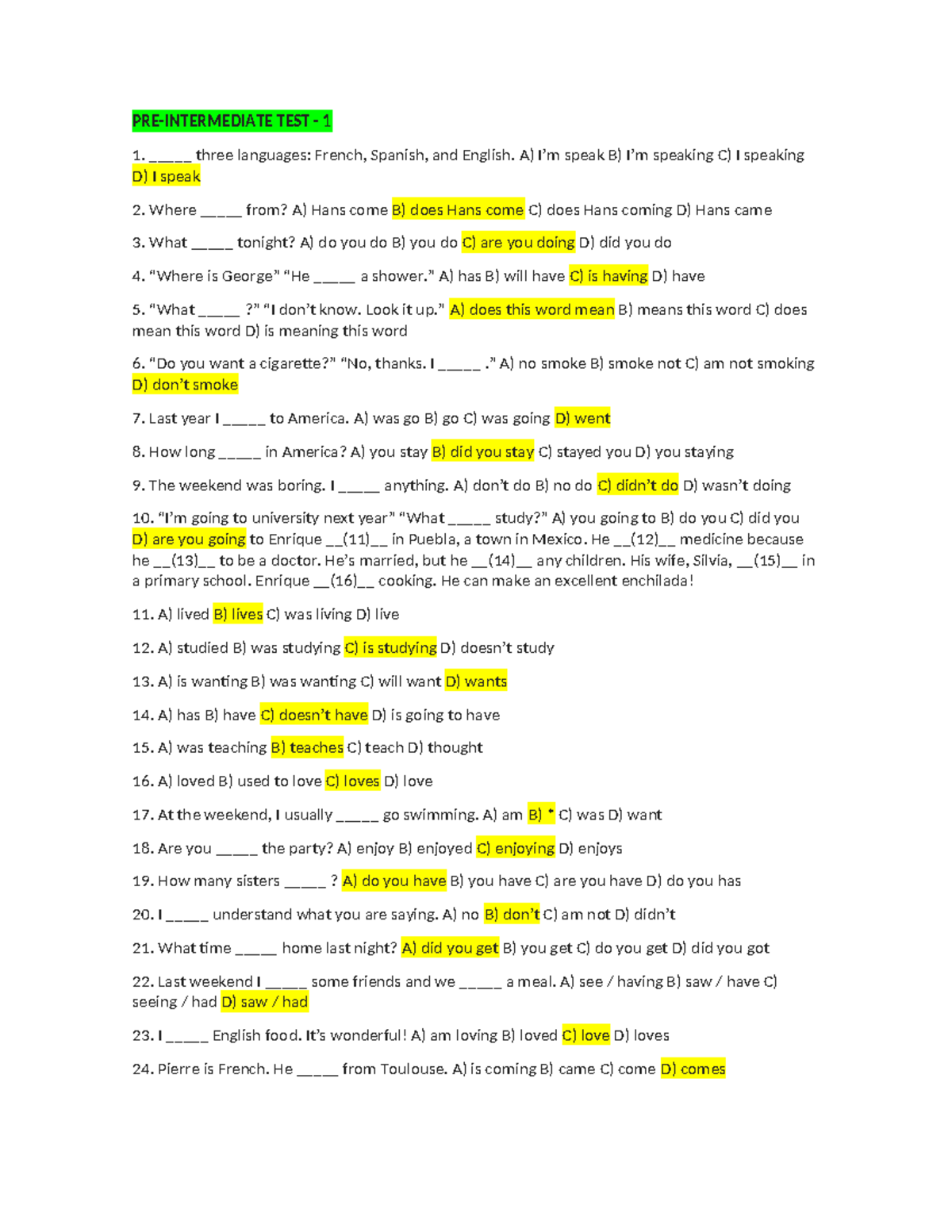 TEST 1 2 3 Preinter - TEST PRE-INTERMEDIATE - PRE-INTERMEDIATE TEST - 1 ...