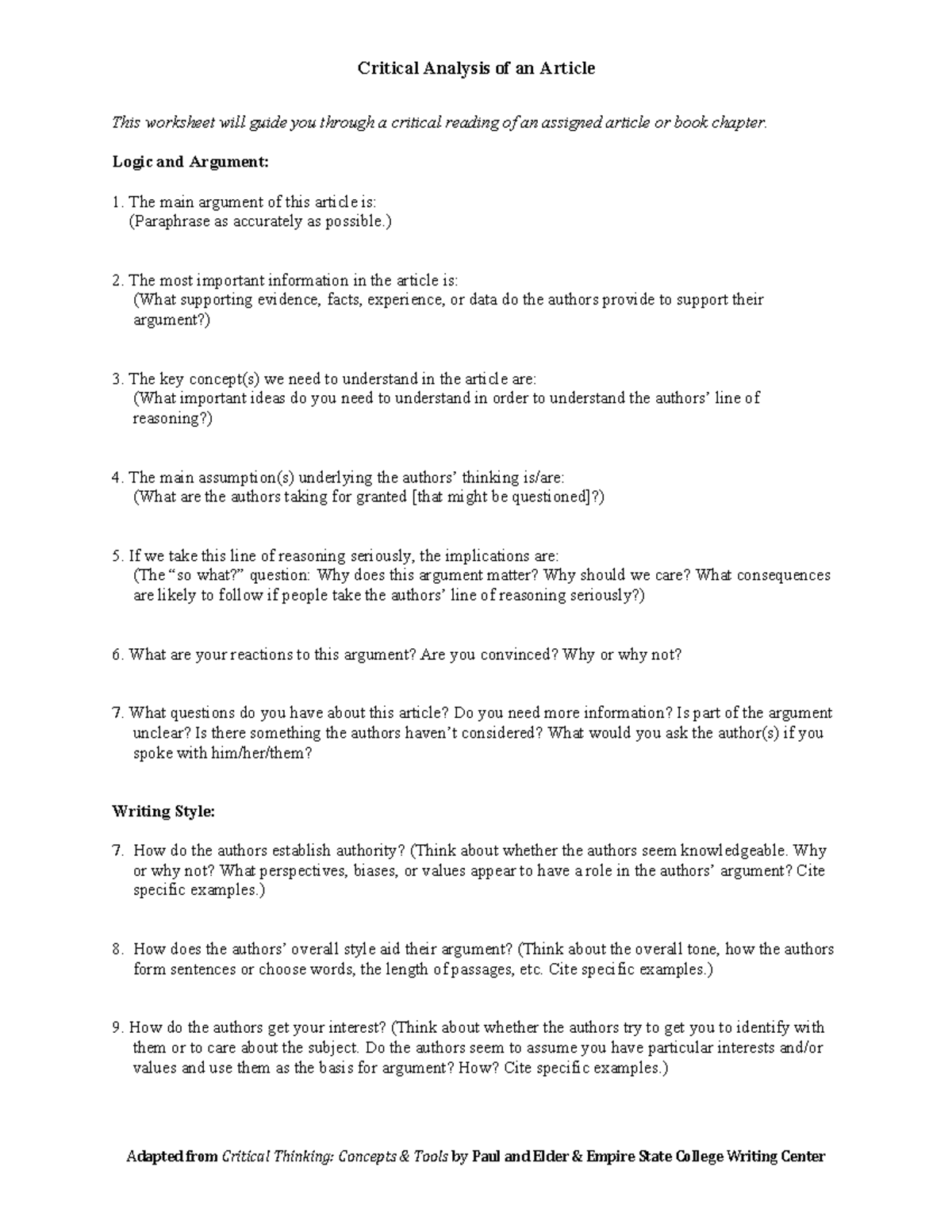 Critical Analysis Worksheet-1 - Critical Analysis of an Article Adapted ...