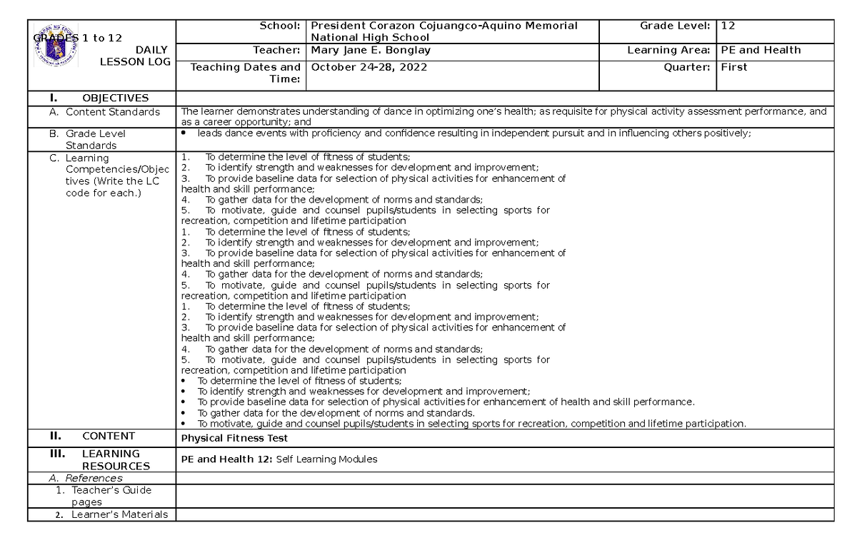 HOPE 3 WEEK 4 - DLL3 - GRADES 1 to 12 DAILY LESSON LOG School ...