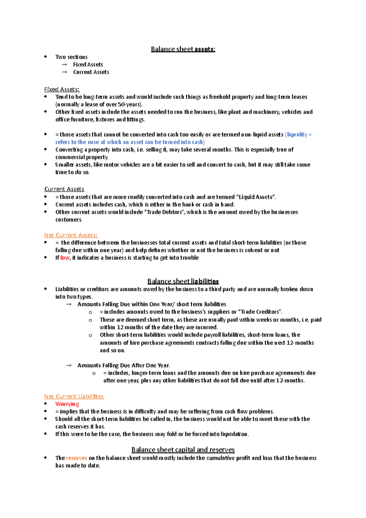 Balance Sheet Notes Balance Sheet Assets Two Sections Fixed Assets