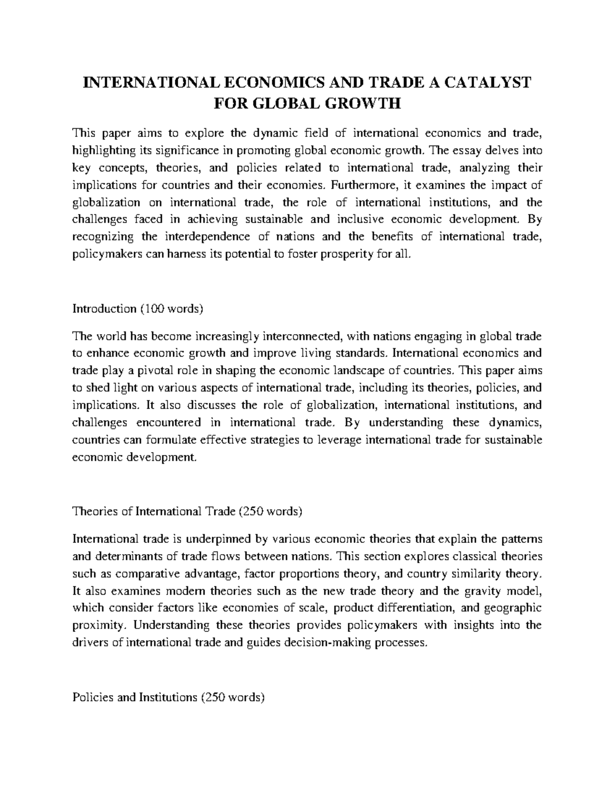 International Economics AND Trade A Catalyst FOR Global Growth ...