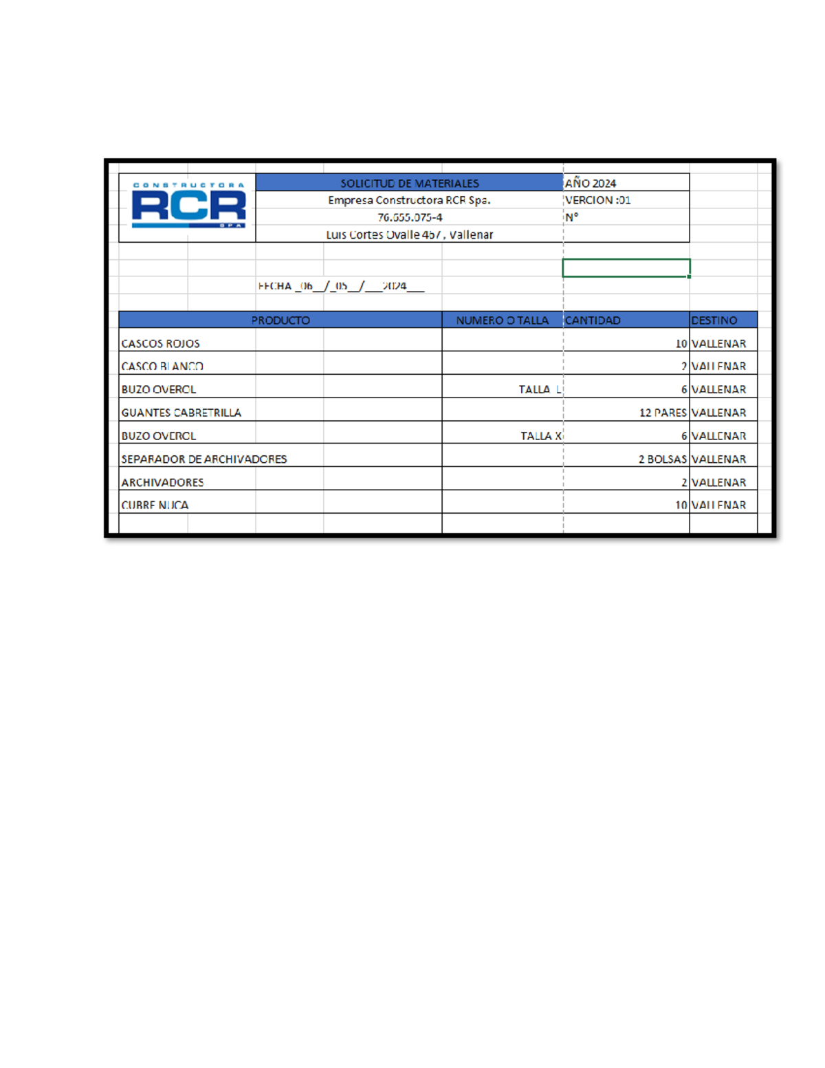 Doc1 - trabajo de pre - CONSTRUCTORA SOLICITUD DE MATERIALES AÑO 2024 RCR Empresa Constructora ...