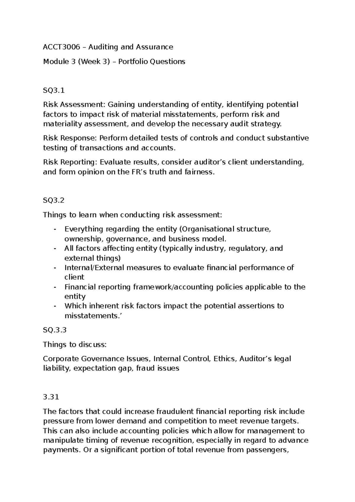ACCT3006 - Week 3 Portfolio - ACCT3006 – Auditing and Assurance Module ...