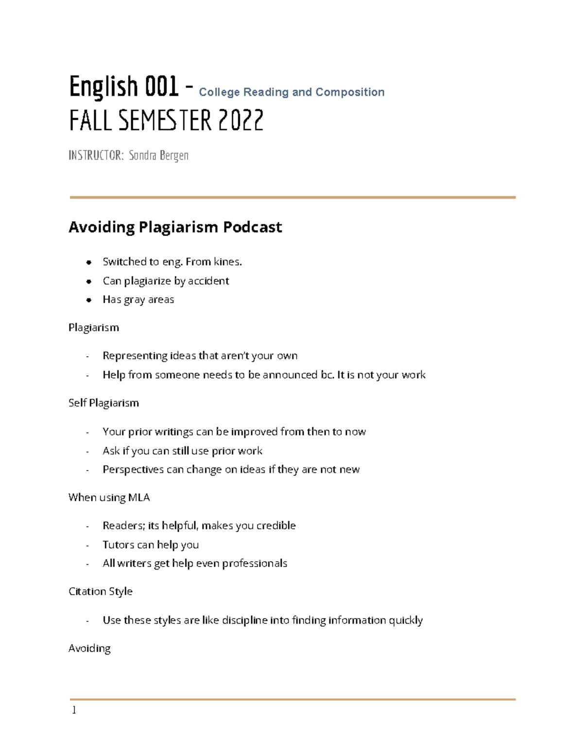 Class notes - English 001 - College Reading and Composition FALL SEMTER ...