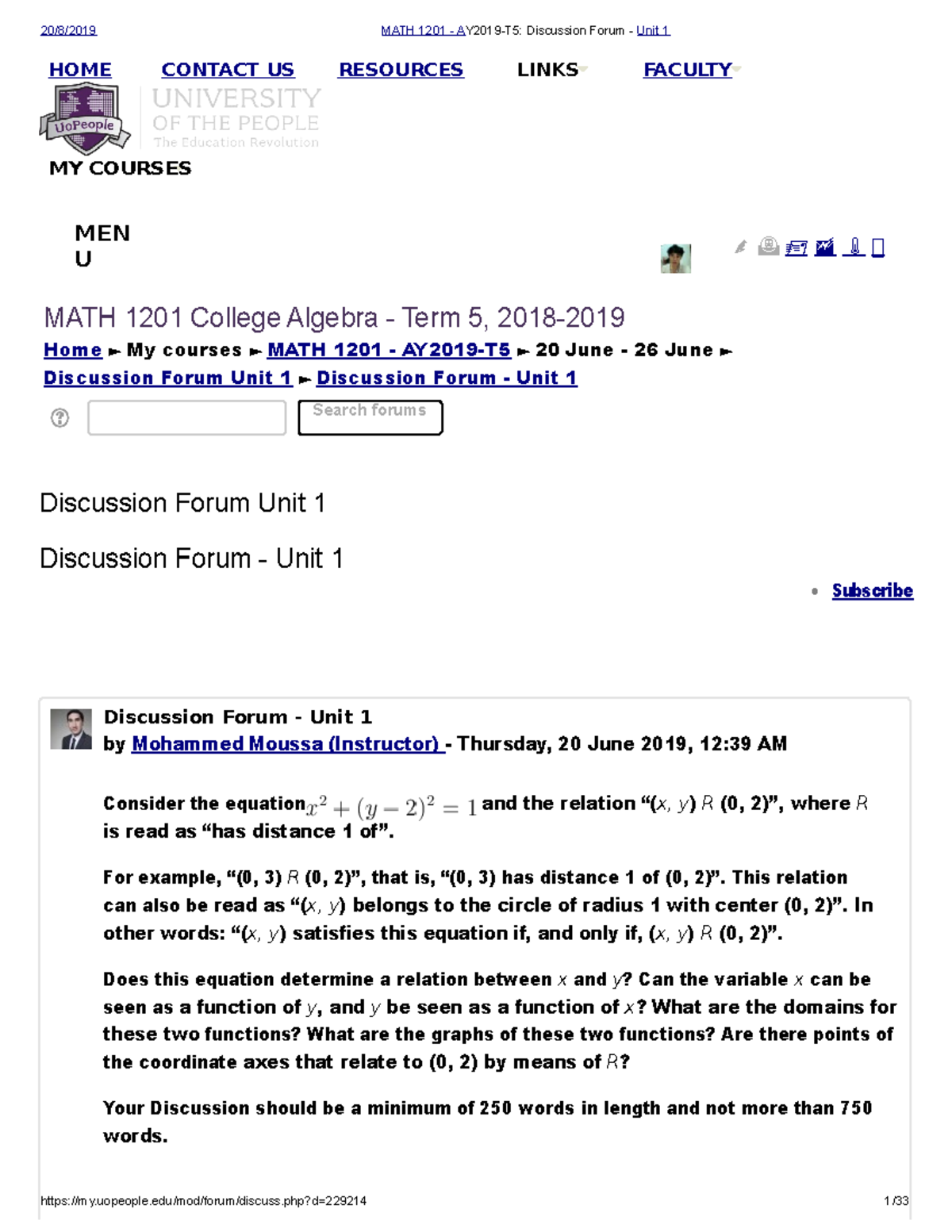 MATH 1201 AY2019 T5 Discussion Forum Unit 1 - Search forums HOME ...