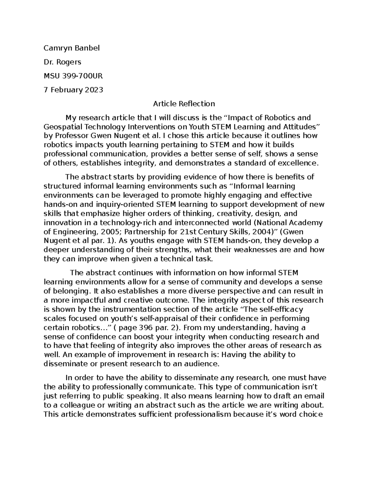 Article Reflection - Camryn Banbel Dr. Rogers MSU 399-700UR 7 February ...