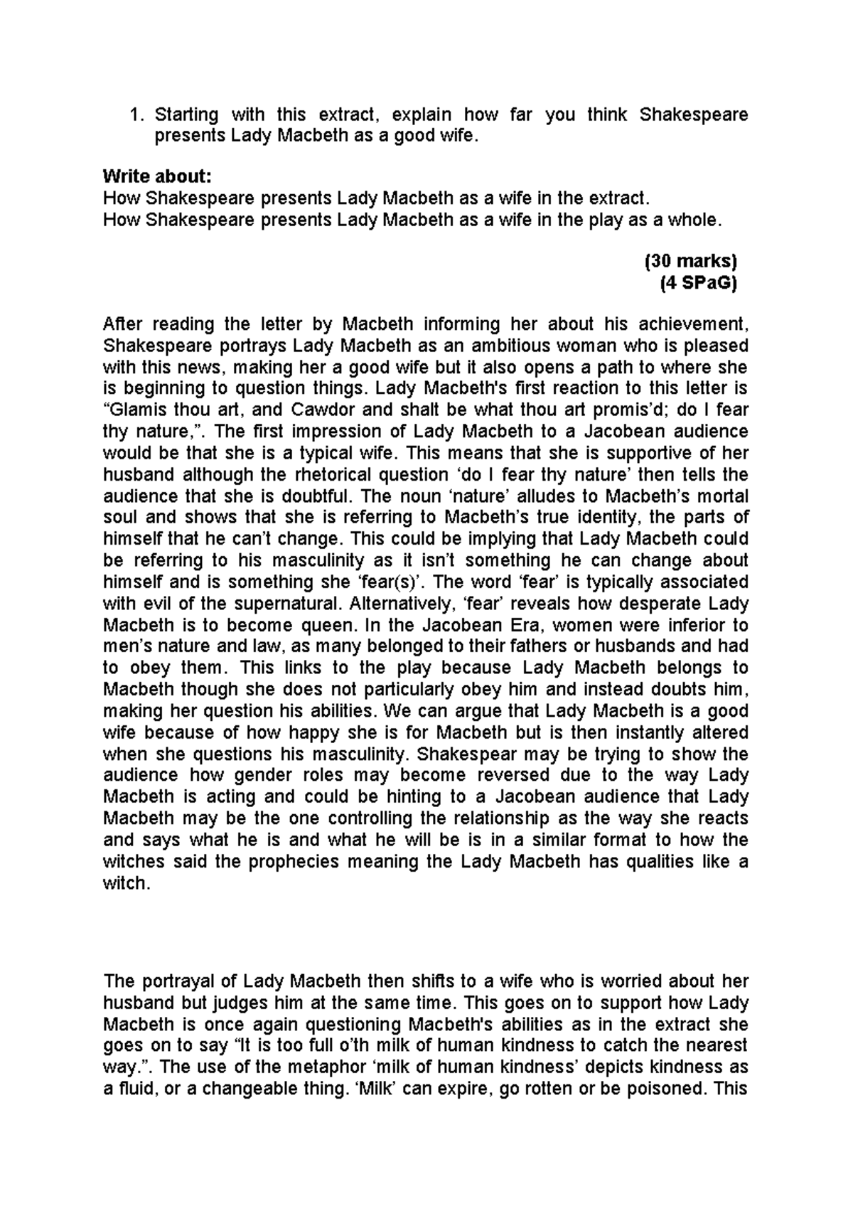 Macbeth - Lady Macbeth as a good wife - Starting with this extract ...