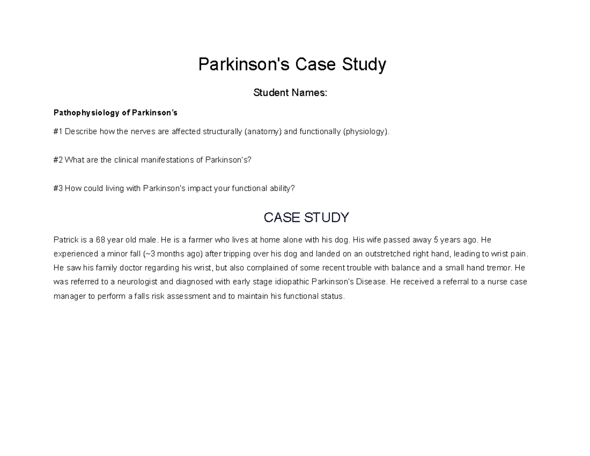Parkinsons case study - Parkinson's Case Study Student Names: Pathophysiology of Parkinson’s #1 ...