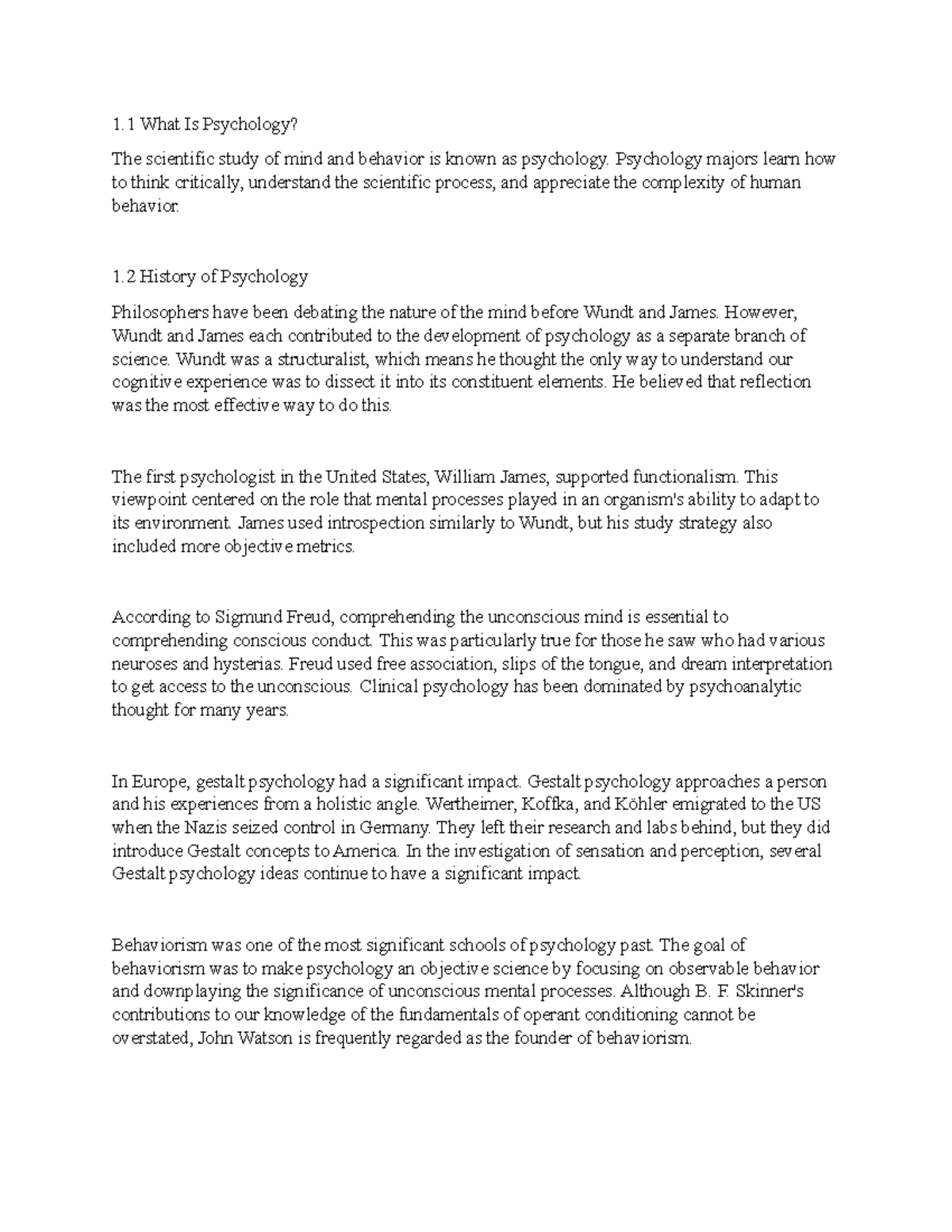 PSY CHP1 Notes - Introduction to Psychology - 1 What Is Psychology? The ...