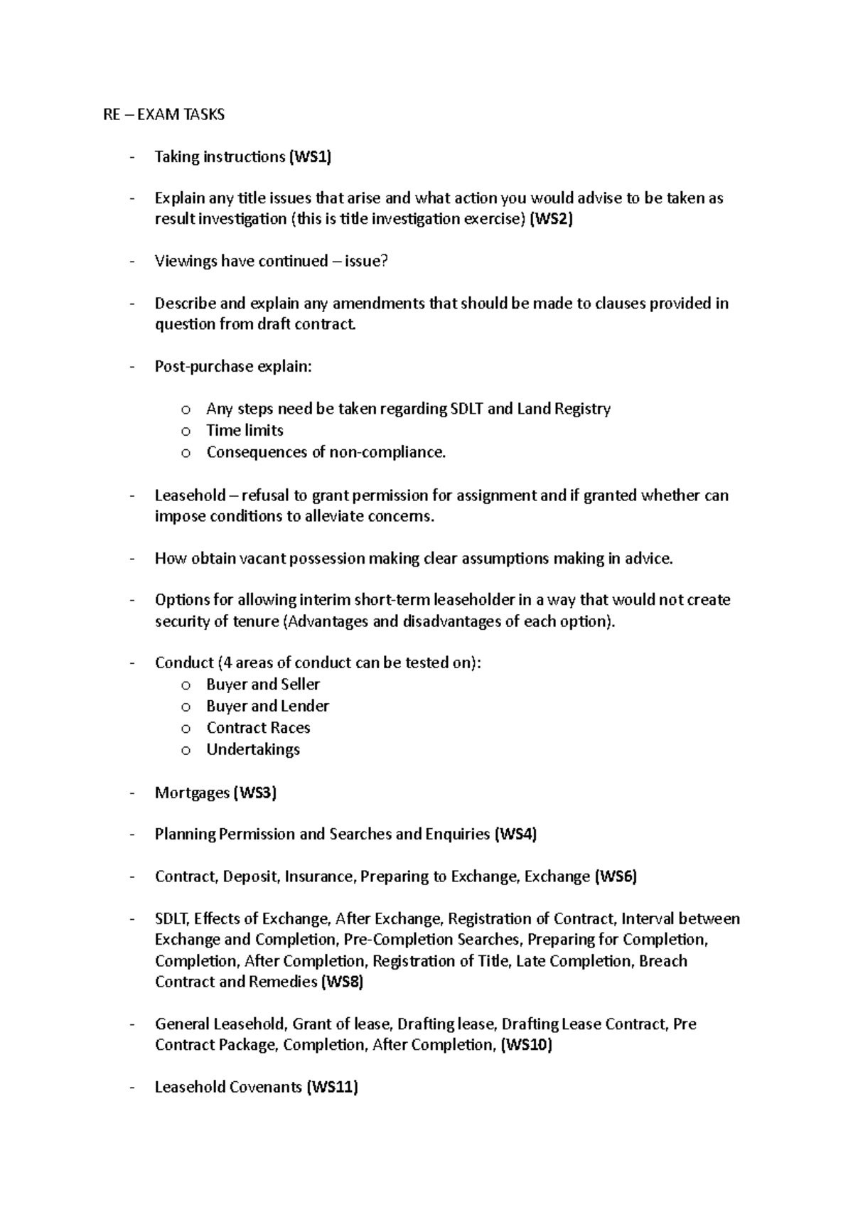 RE Exam Tasks List RE EXAM TASKS Taking Instructions WS1