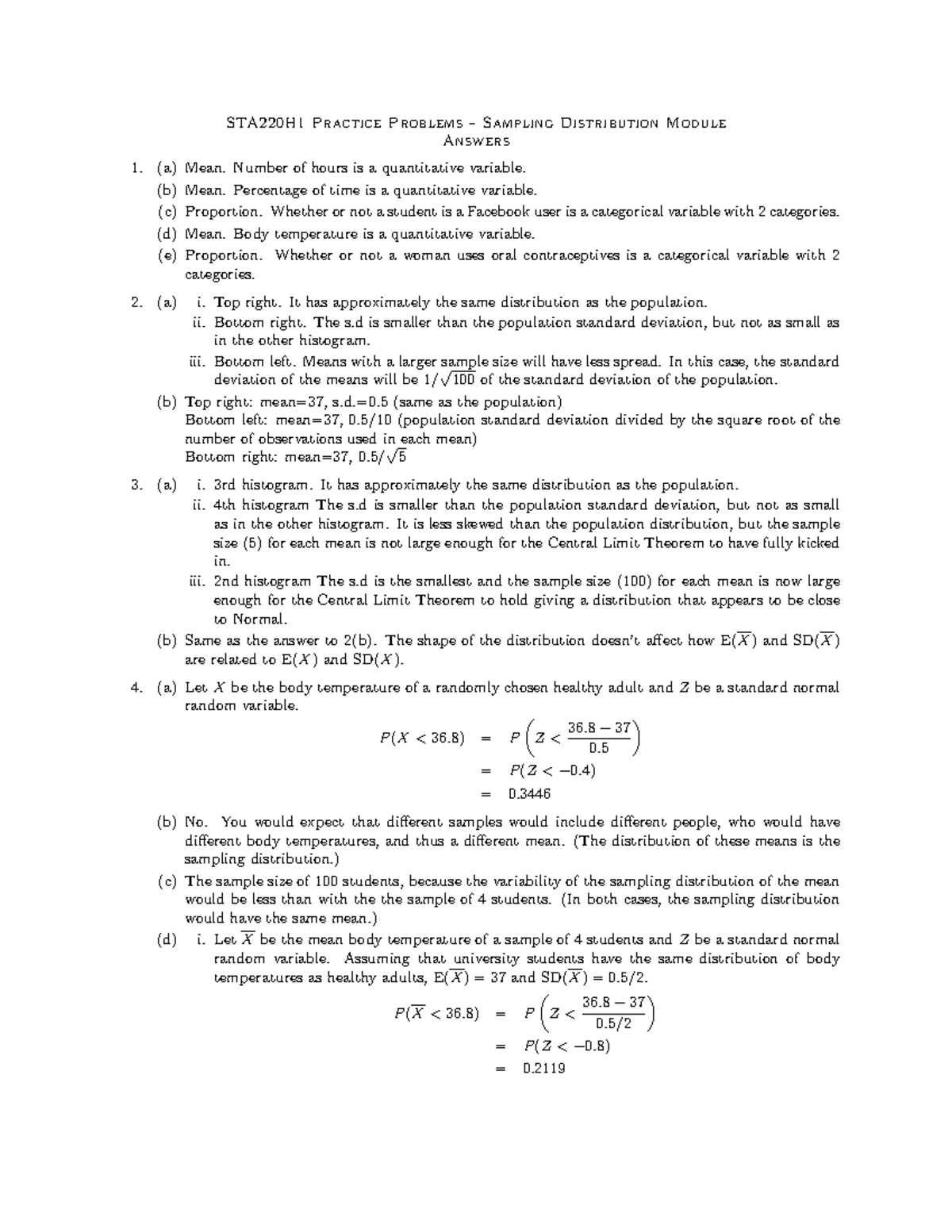Practice Problem Set 4.1 - Solutions - STA220H1 Practice Problems – Sampling Distribution Module ...