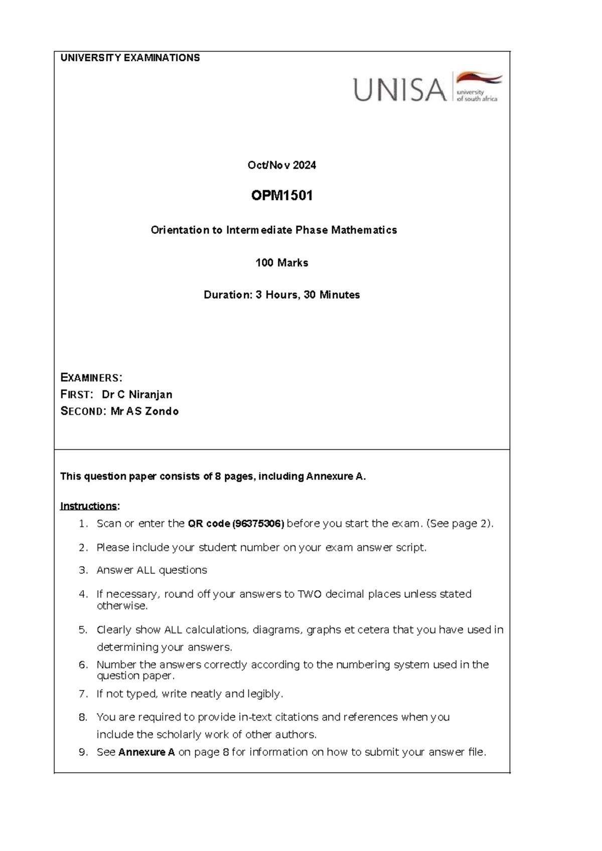 OPM1501 Oct Nov 2024 Final Examination Question Paper - UNIVERSITY ...