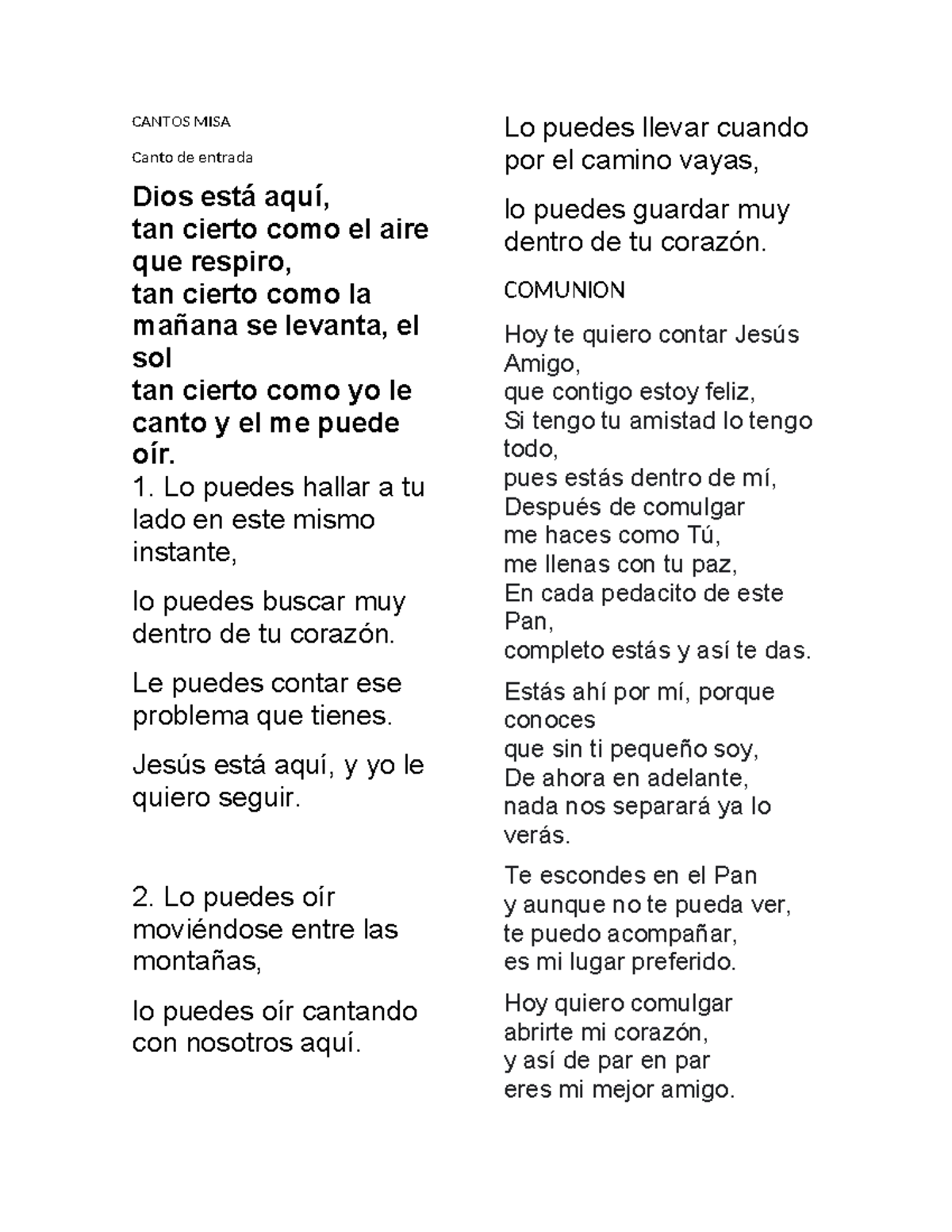 Cantos MISA - ninguno - CANTOS MISA Canto de entrada Dios está aquí ...