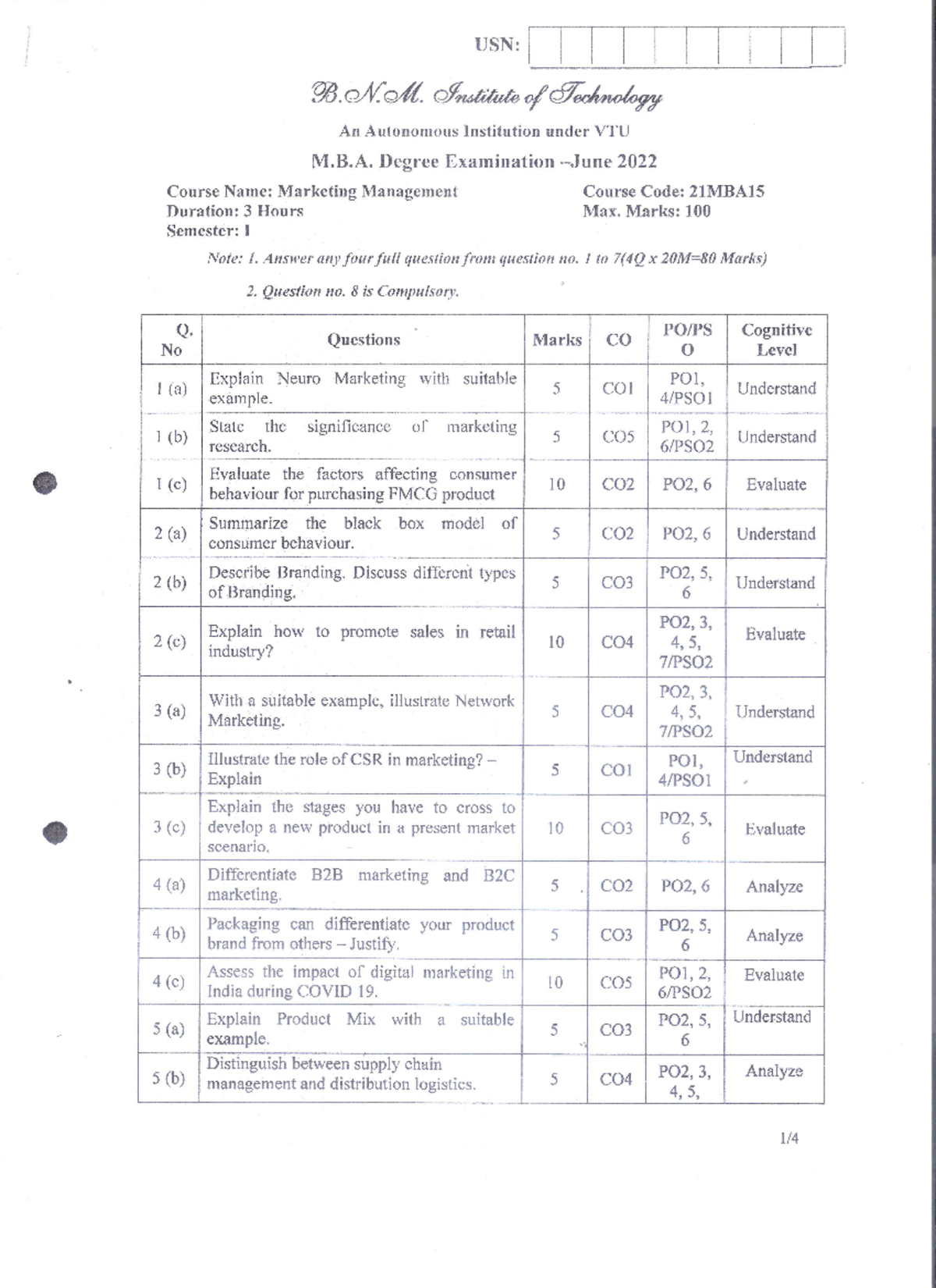 June-2022(21MBA15) - USN: B.N. Institute of Technology An Autonomous ...