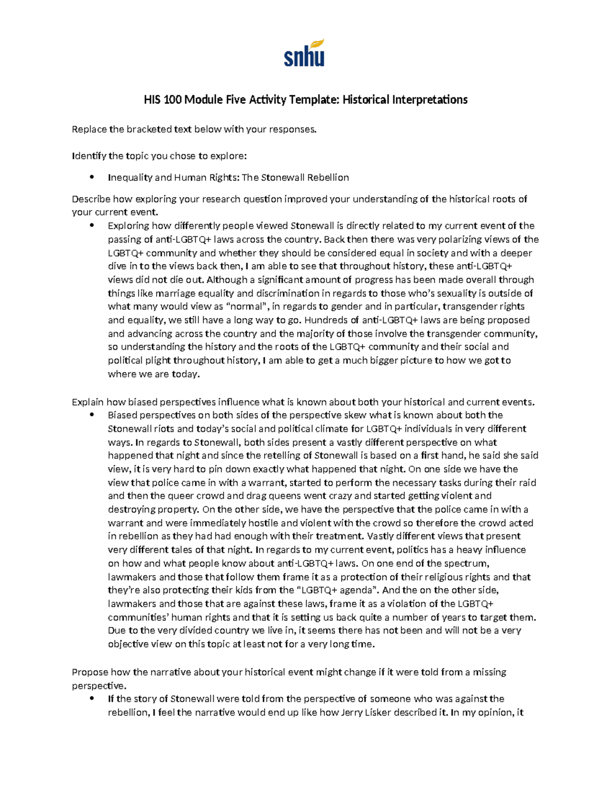 HIS 100 Module Five Activity Template - Identify the topic you chose to explore: Inequality and ...