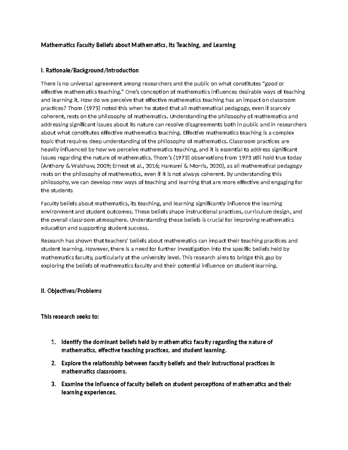 Mathematics Faculty Beliefs about Mathematics - Rationale/Background ...