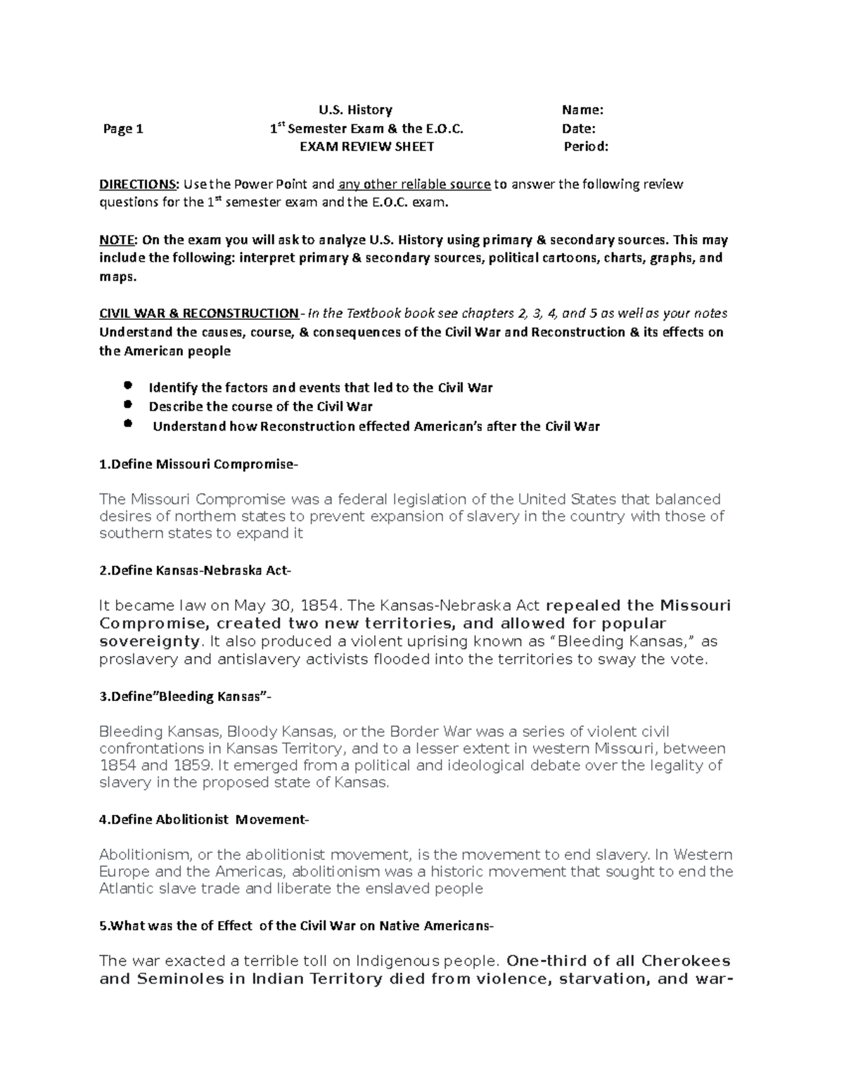 EOC Sem 1 US History Review Questions (6) - U. History Name: Page 1 1 ...