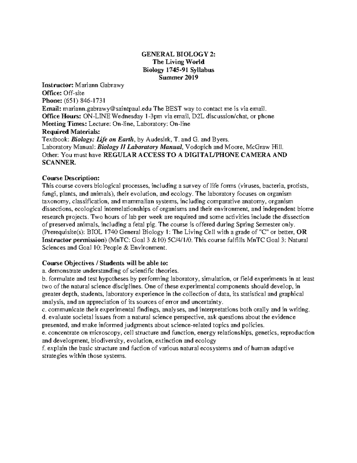 Syllabus Summer 19 General Biology 2 GENERAL BIOLOGY 2 The Living