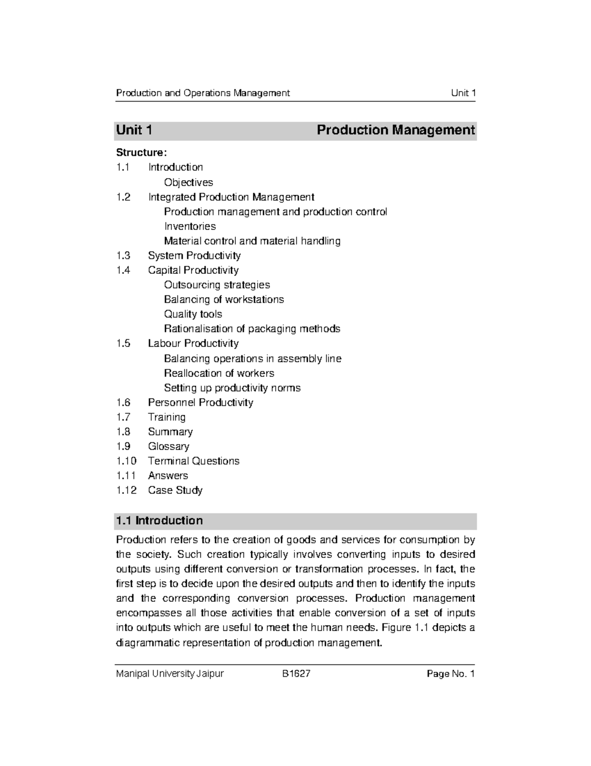 Unit 1 Production Management - Unit 1 Production Management Structure ...